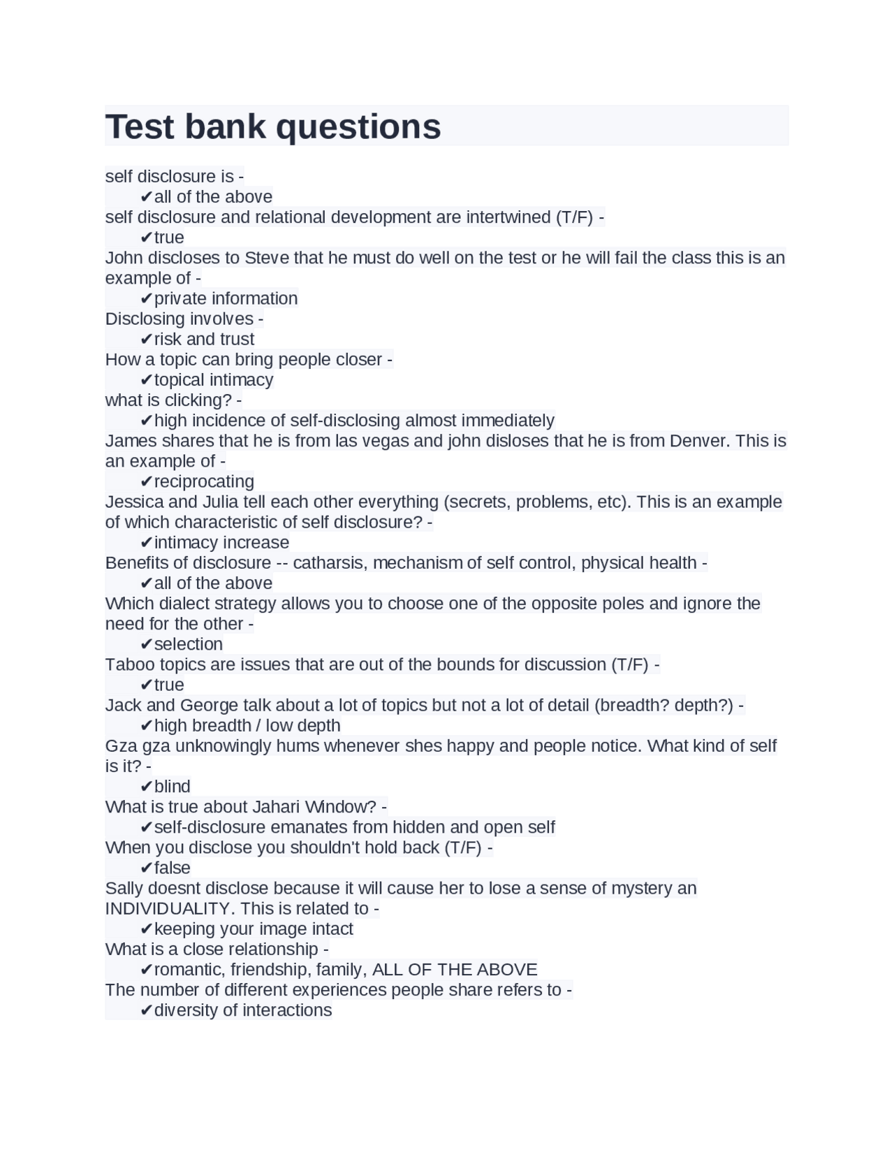 Test bank questions. | Exams Nursing | Docsity