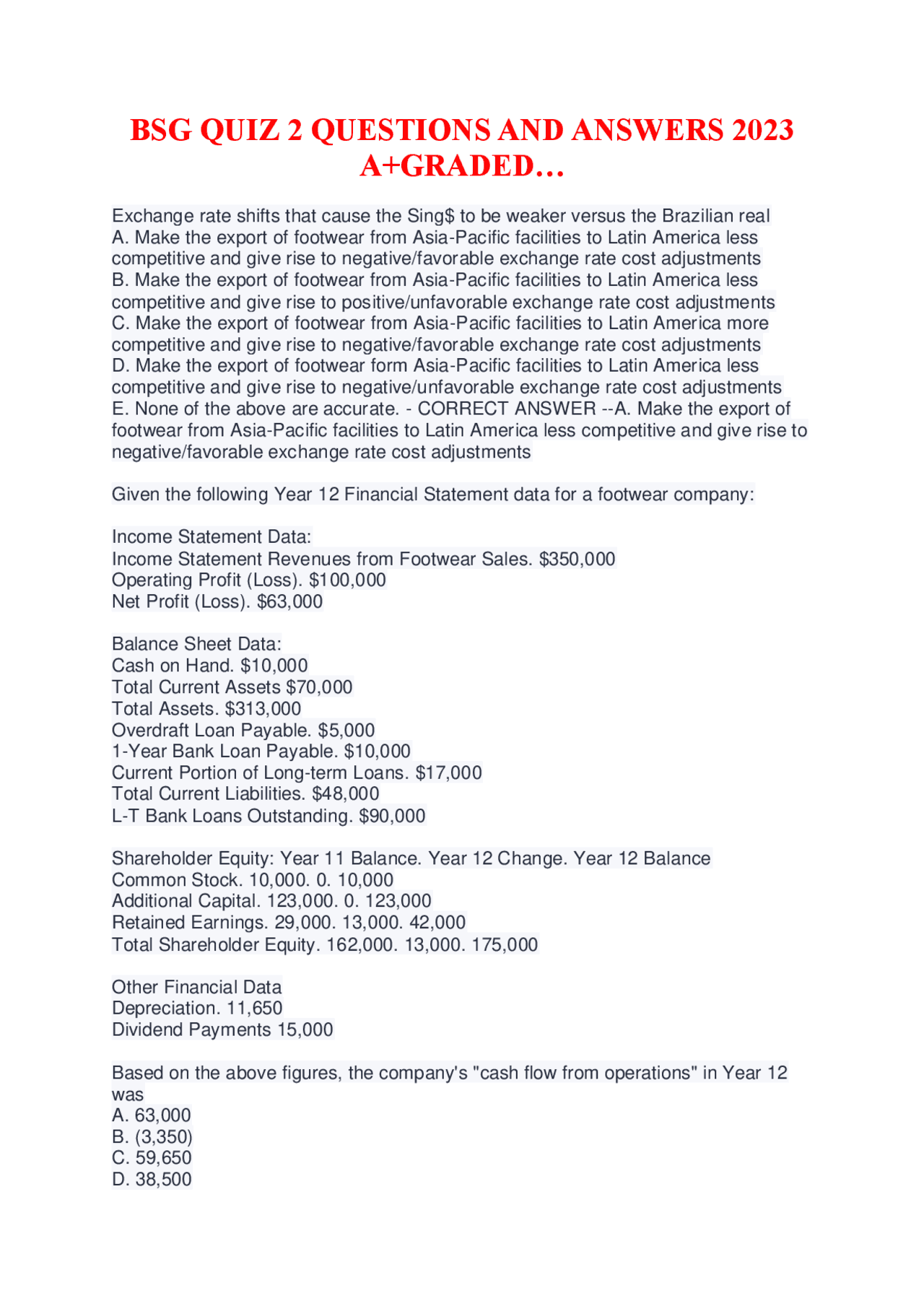 BSG QUIZ 2 QUESTIONS AND ANSWERS 2023 A+GRADED… | Exams Finance | Docsity