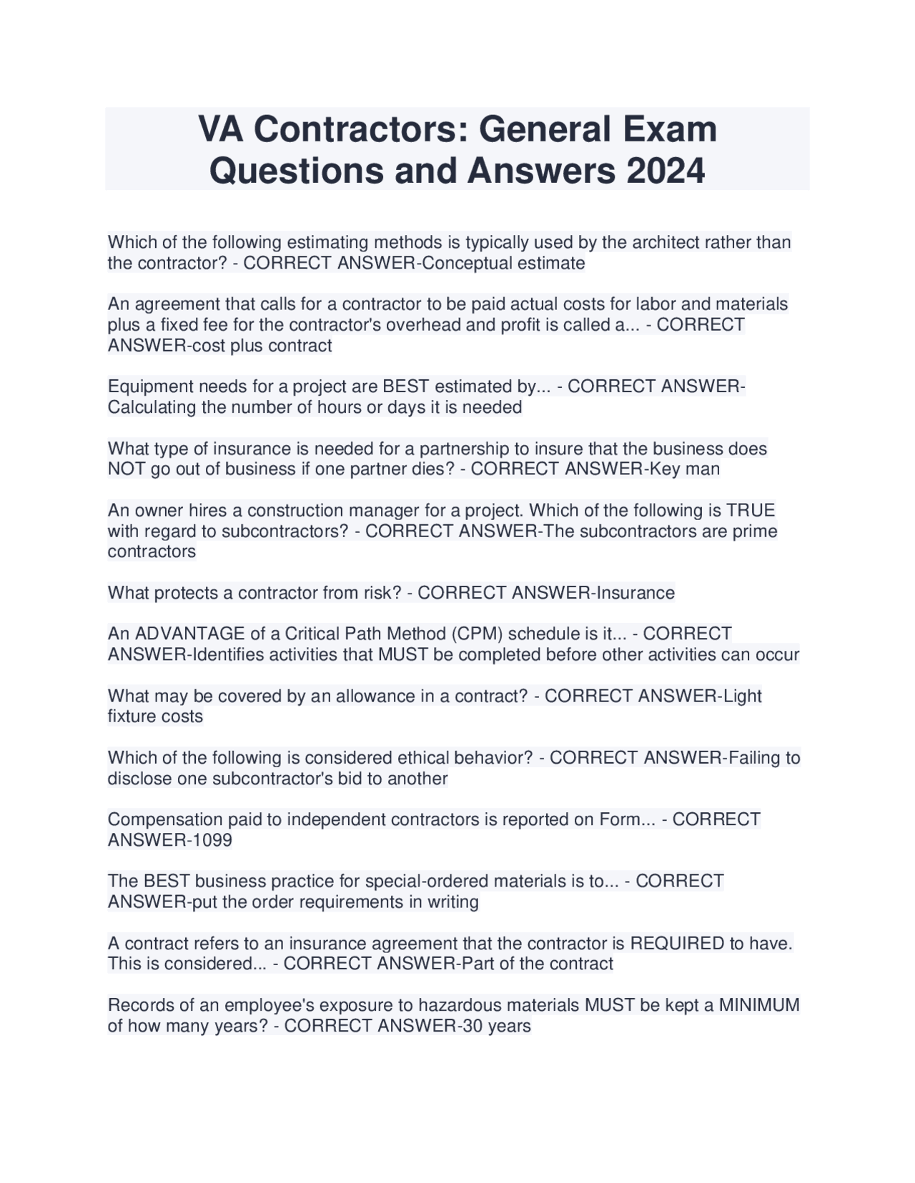 VA Contractors: General Exam Questions and Answers 2024 | Exams ...