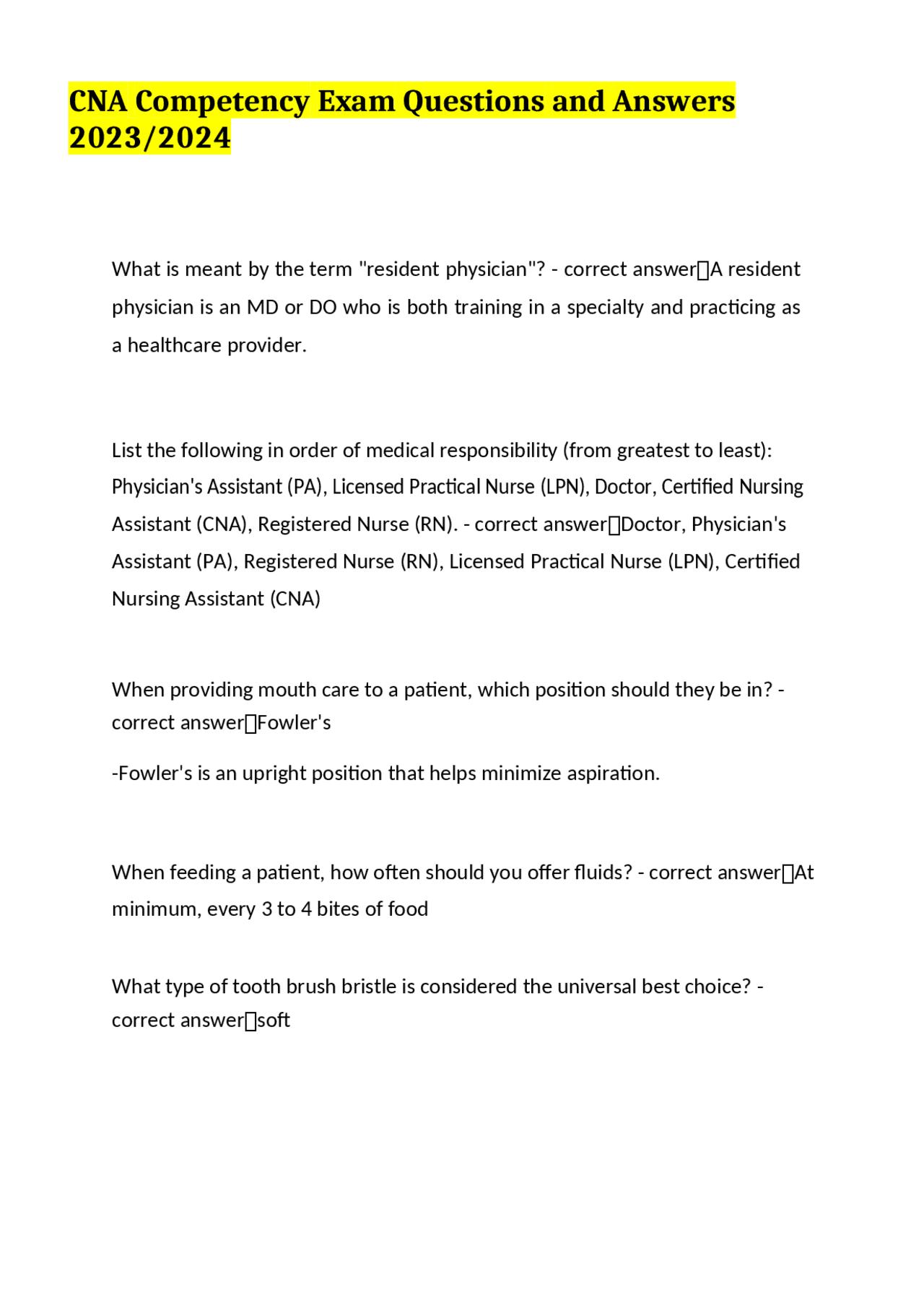 CNA Competency Exam Questions and Answers 2023/2024 | Exams Nursing ...