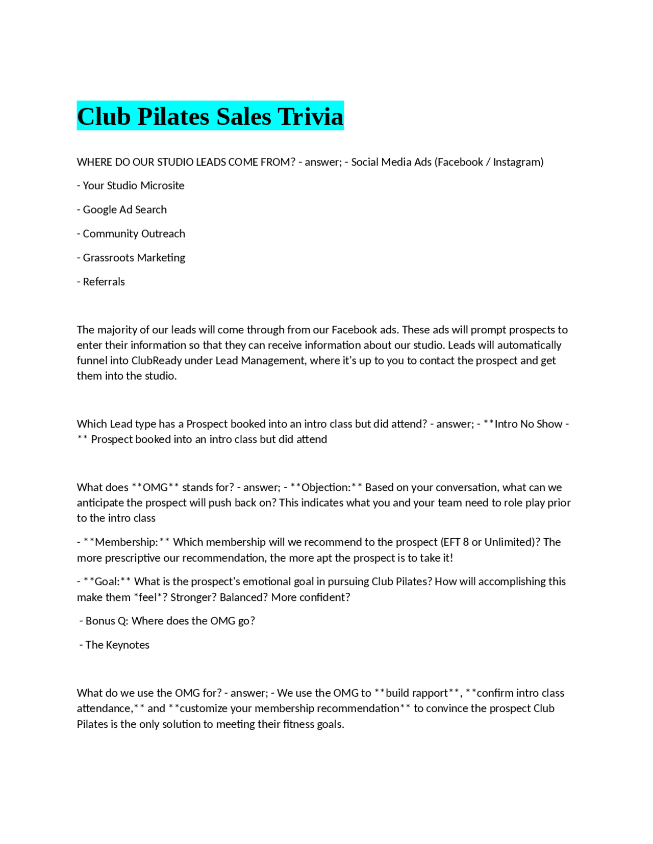 Club Pilates Sales Trivia exam questions with correct answers | Exams ...