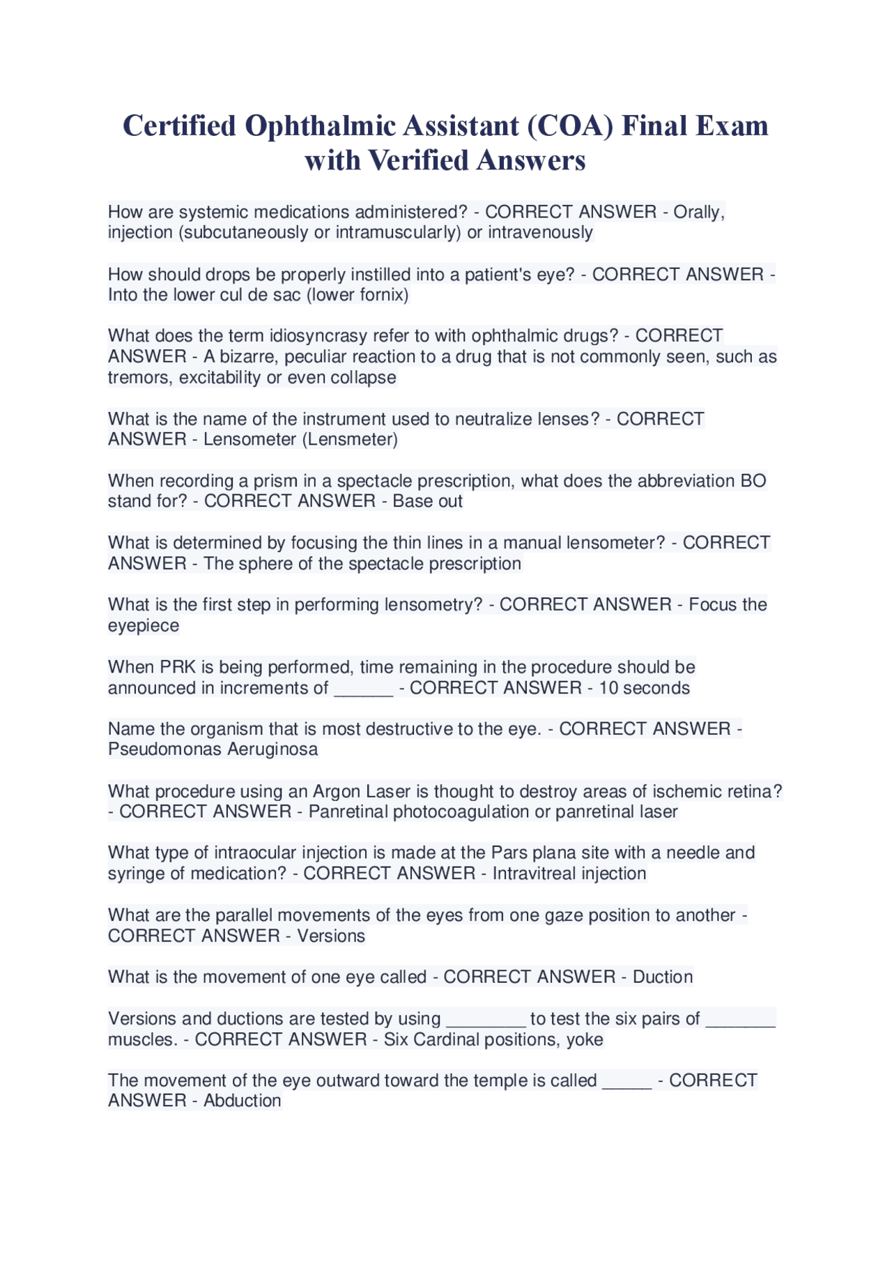 Certified Ophthalmic Assistant (COA) Final Exam with Verified Answers ...
