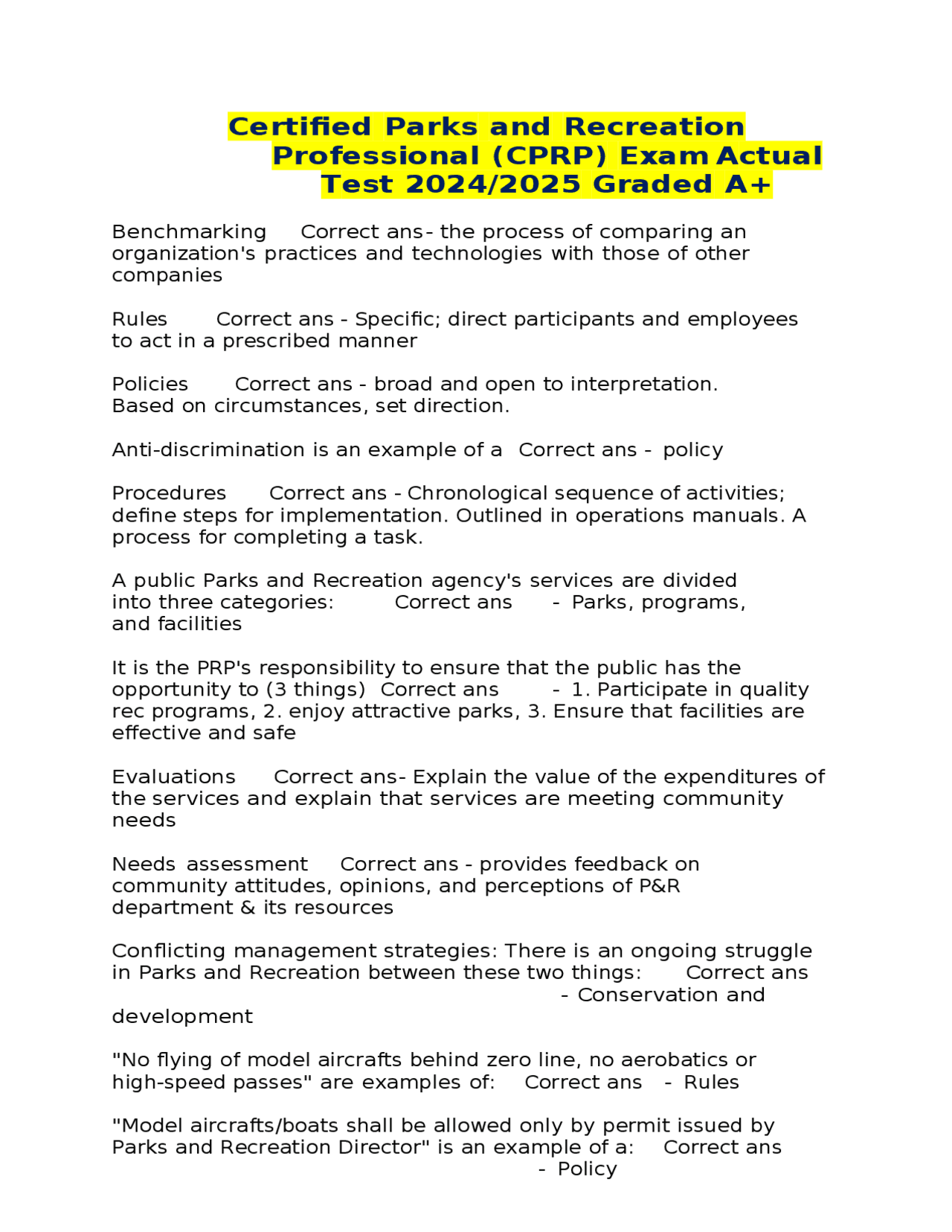 Certified Parks and Recreation Professional (CPRP) Exam Actual Test ...