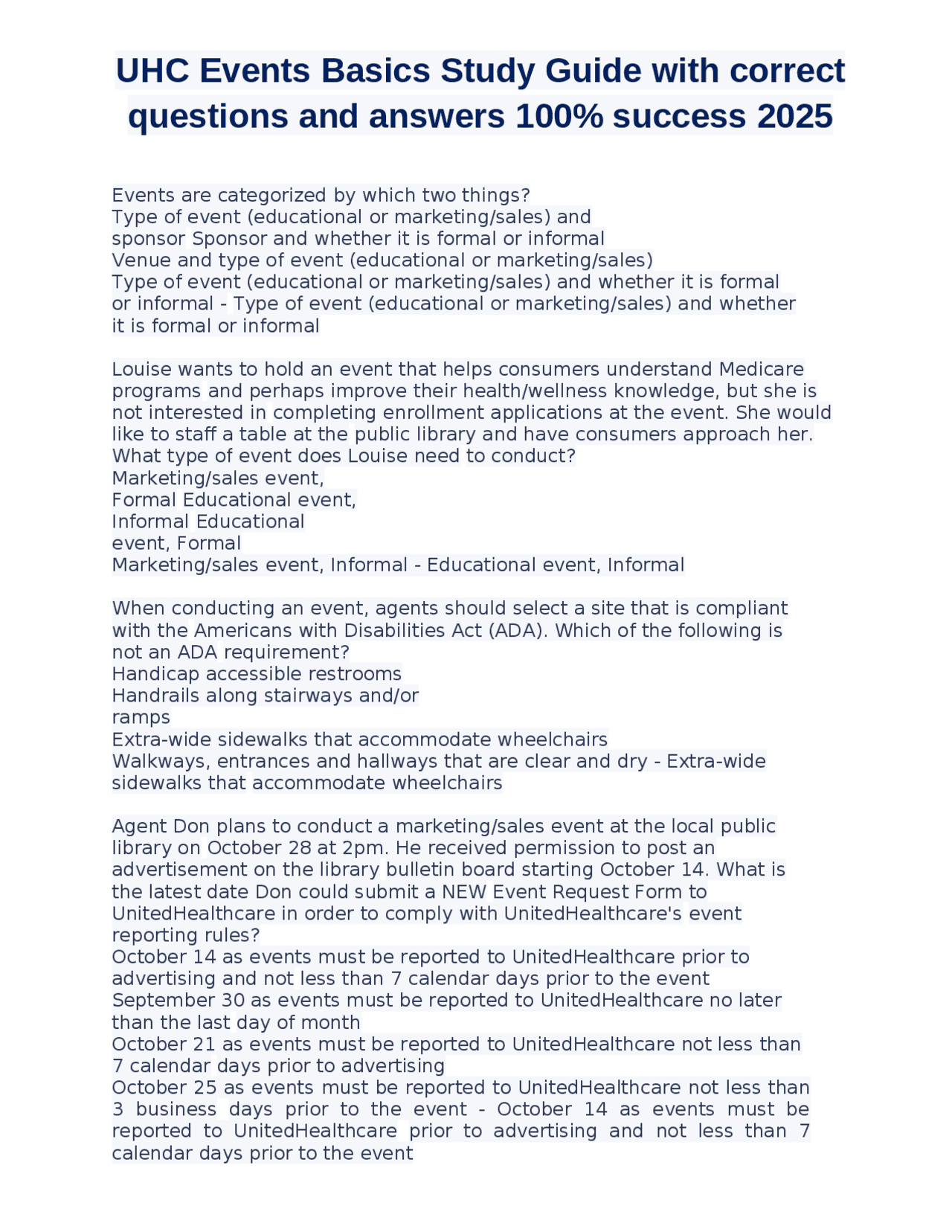 UHC Events Basics Study Guide with correct questions and answers 100% ...