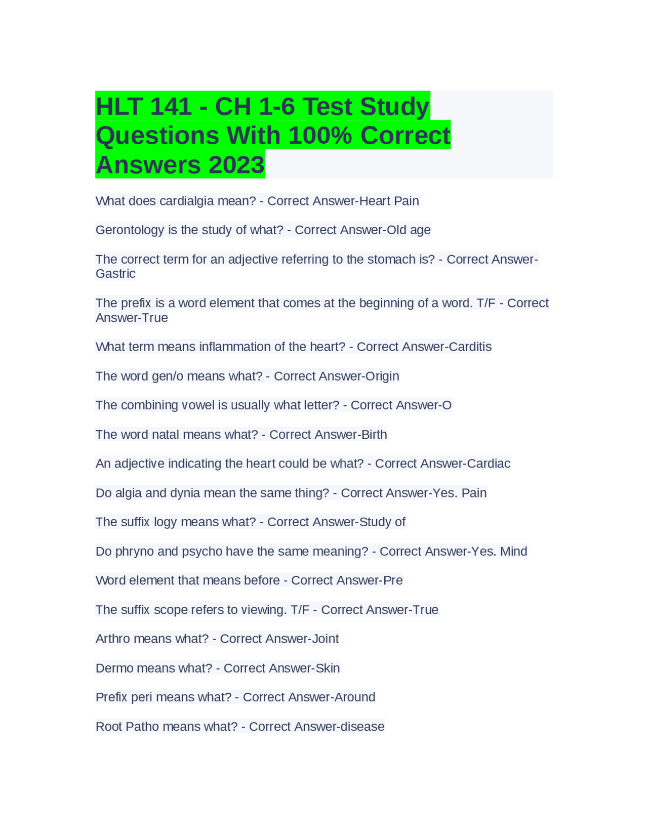 HLT 141 - CH 1-6 Test Study Questions With 100% Correct Answers 2023 ...
