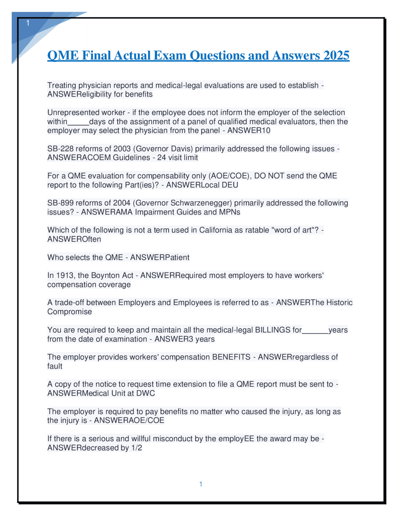 QME Final Actual Exam Questions and Answers 2025 | Exams Nursing | Docsity