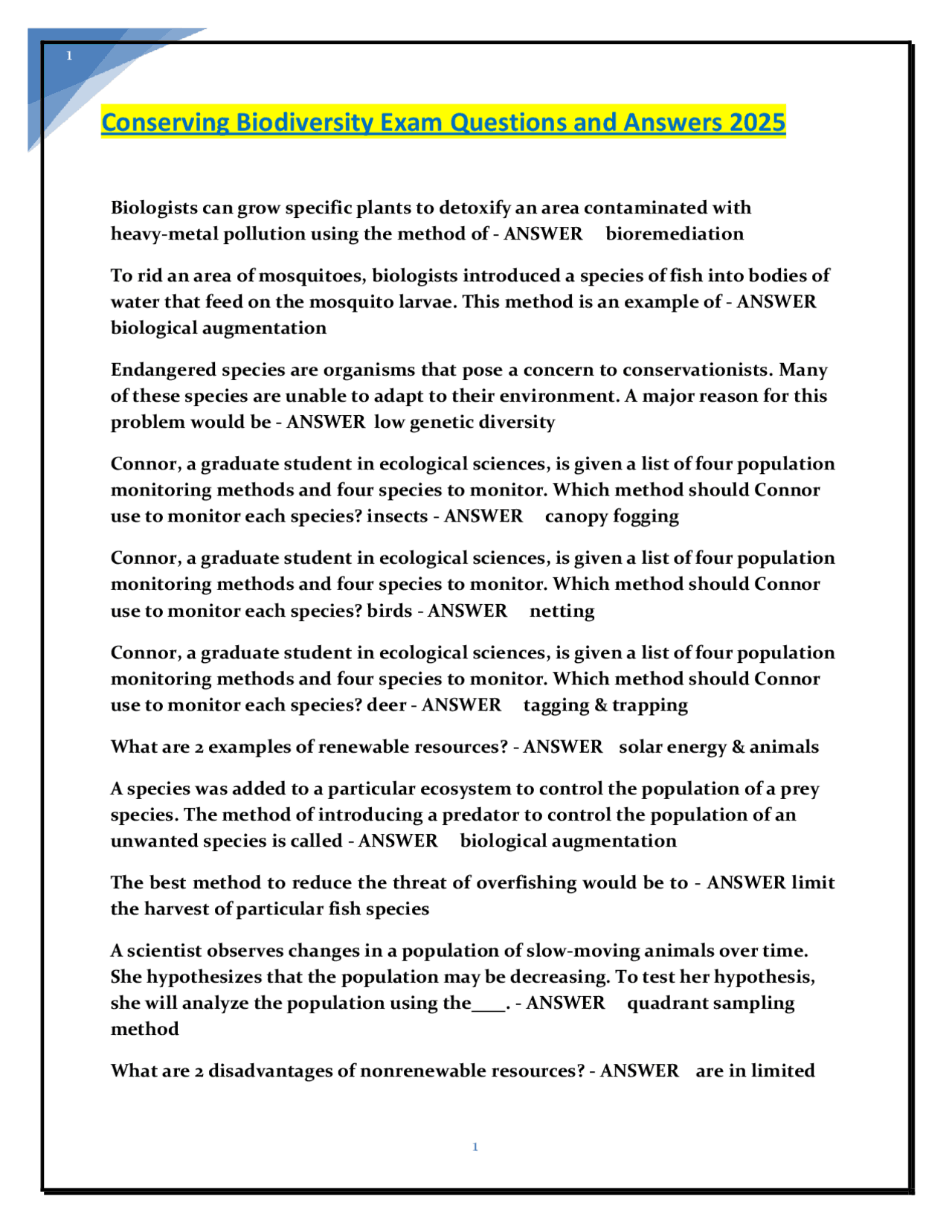 Conserving Biodiversity Exam Questions and Answers 2025 | Exams Nursing ...