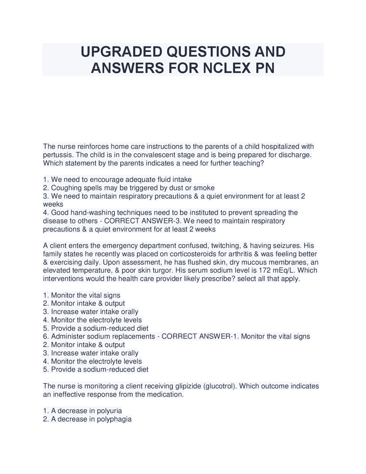 UPGRADED QUESTIONS AND ANSWERS FOR NCLEX PN | Exams Nursing | Docsity