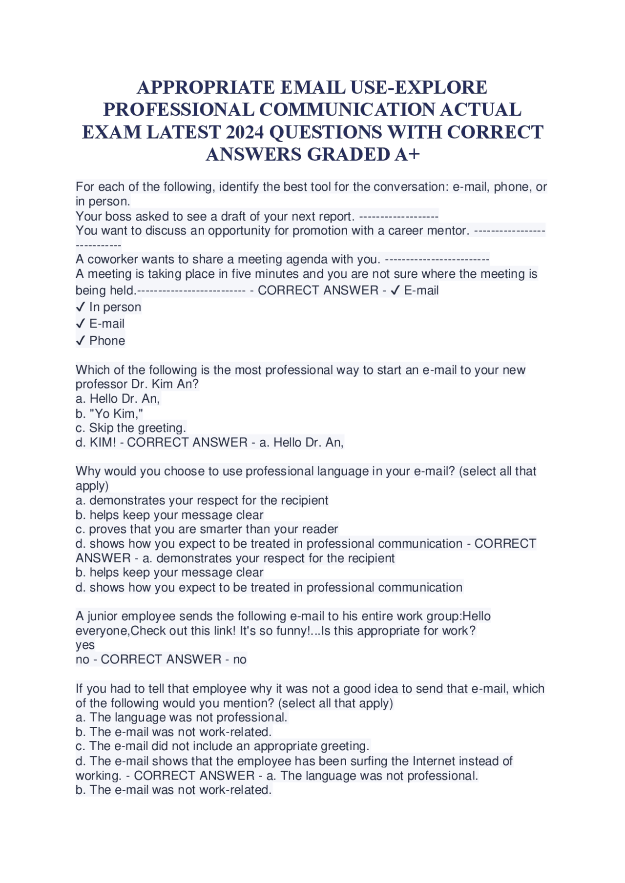 APPROPRIATE EMAIL USE-EXPLORE PROFESSIONAL COMMUNICATION ACTUAL EXAM ...