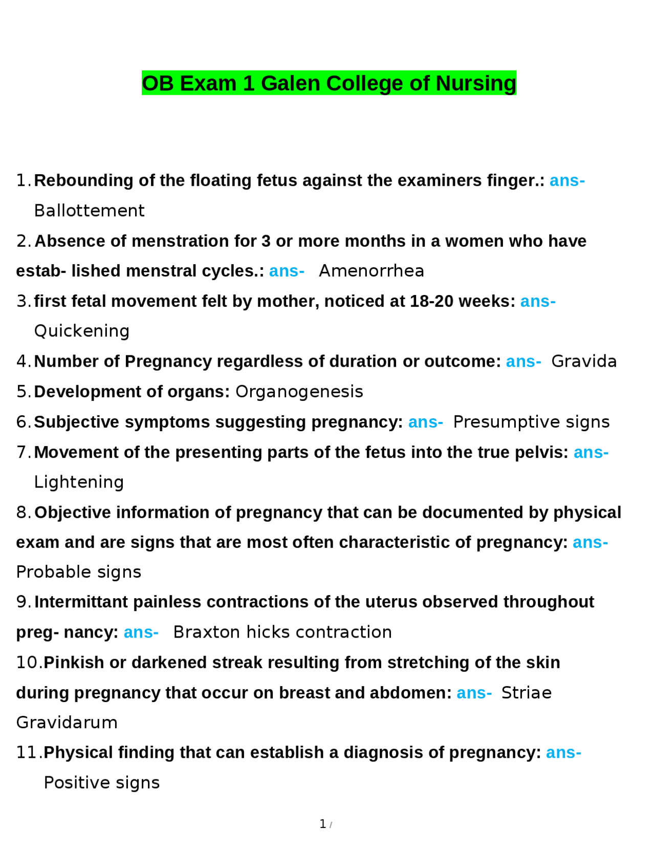 OB Exam 1 Question and Answers Galen College of Nursing 2024/2025 ...