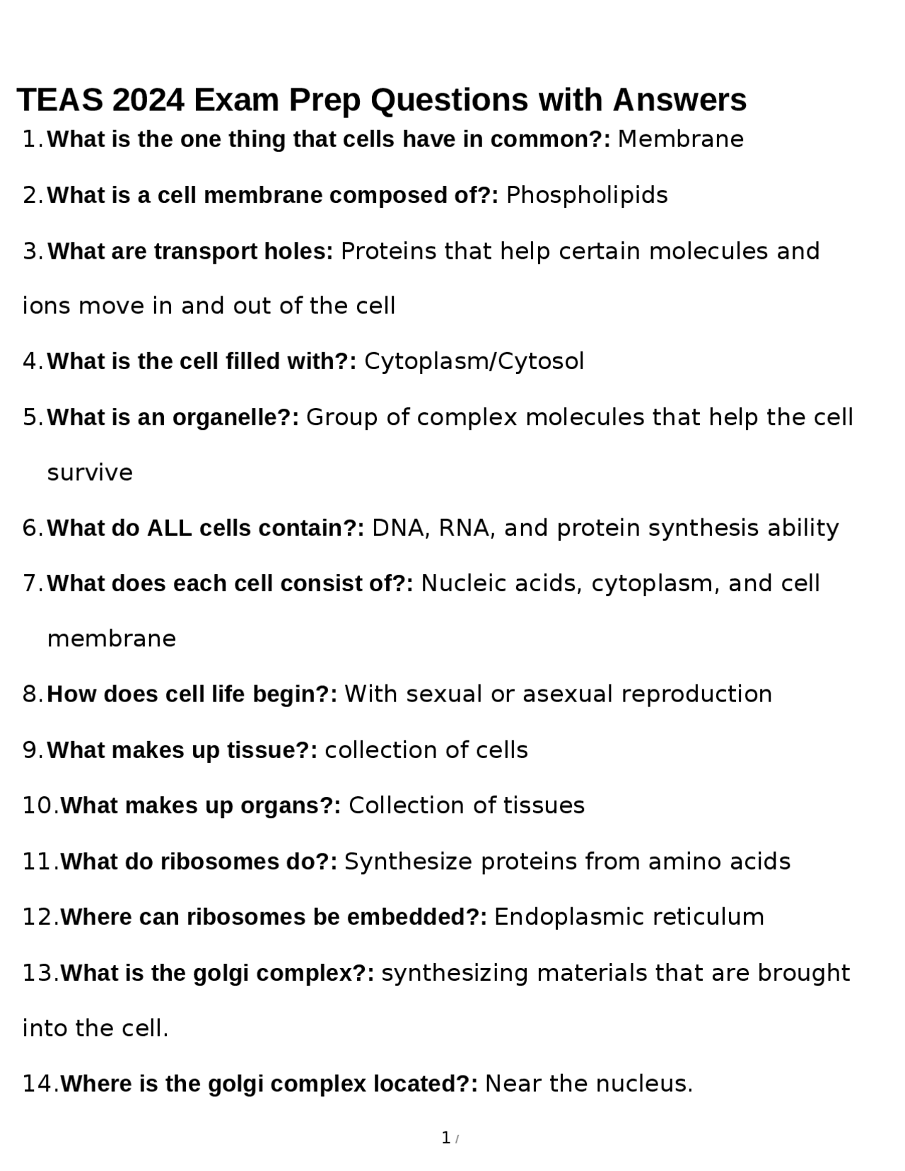 TEAS 2024 Exam Prep Questions with Answers | Exams Biology | Docsity