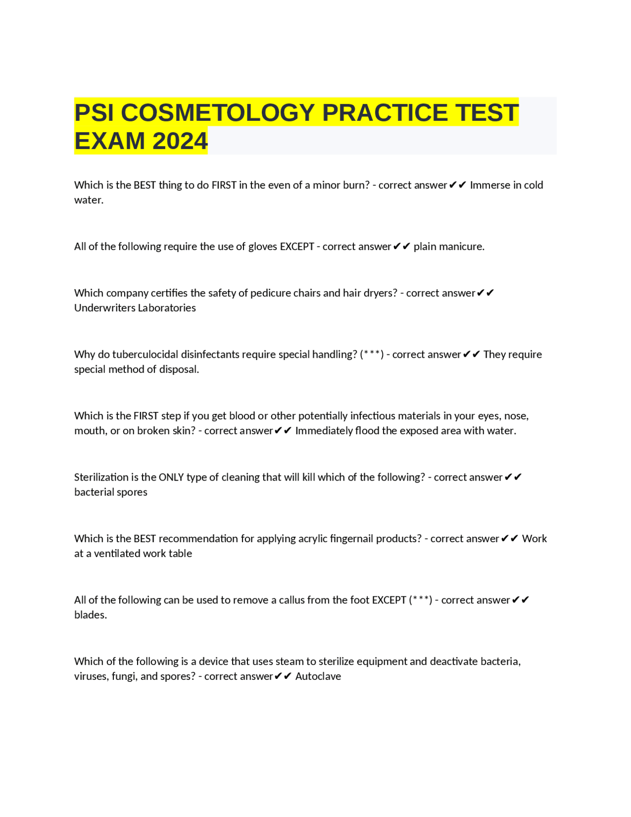 PSI COSMETOLOGY PRACTICE TEST EXAM 2024 | Exams Nursing | Docsity