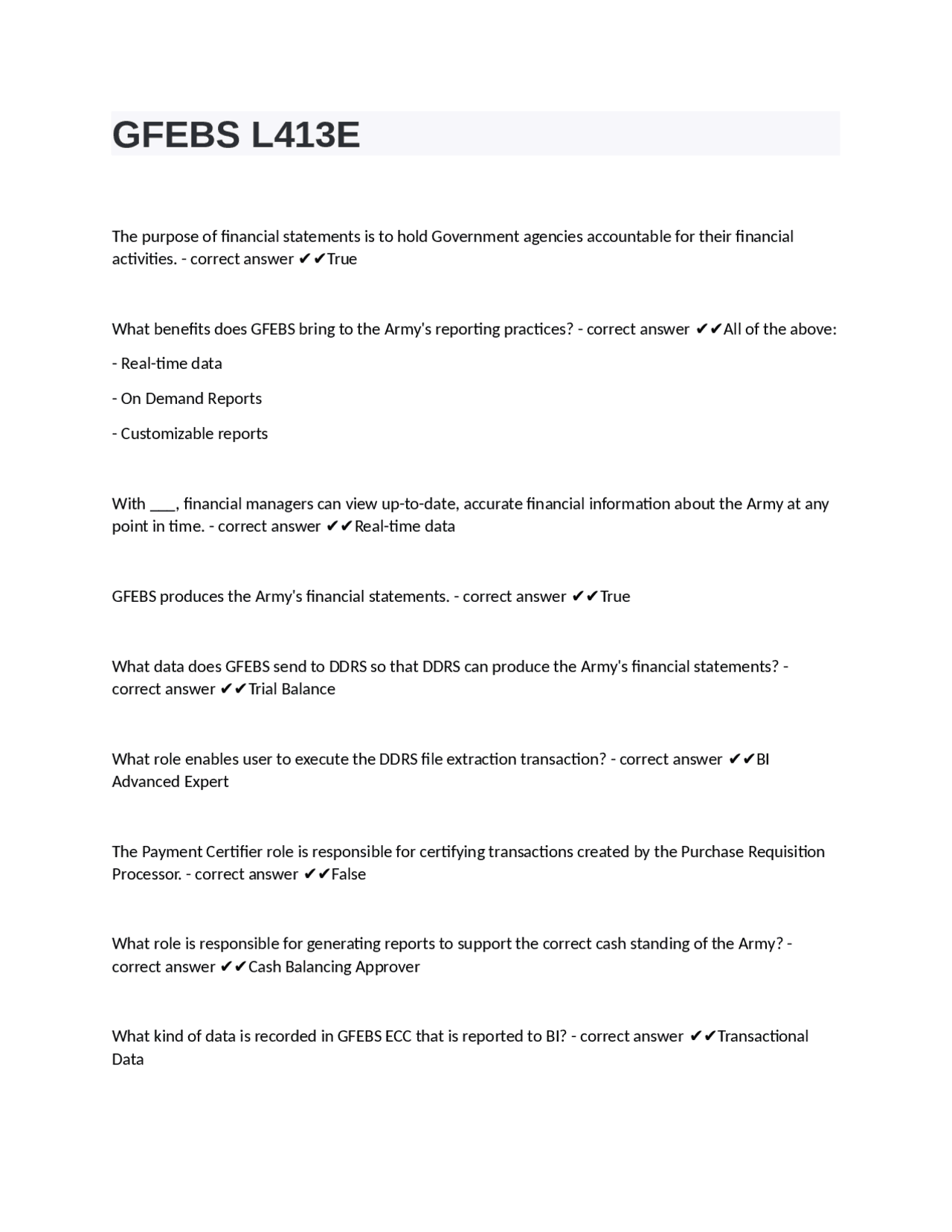GFEBS L413E questions with correct answers | Exams Nursing | Docsity