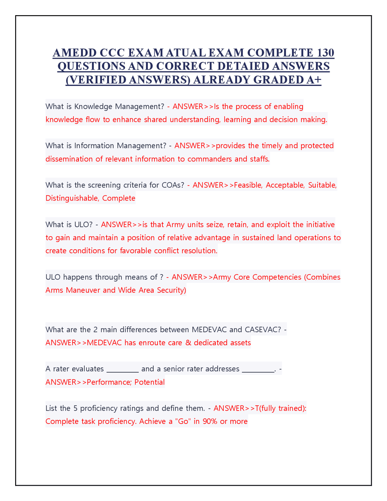 AMEDD CCC EXAM ATUAL EXAM COMPLETE 130 QUESTIONS AND CORRECT DETAIED ...