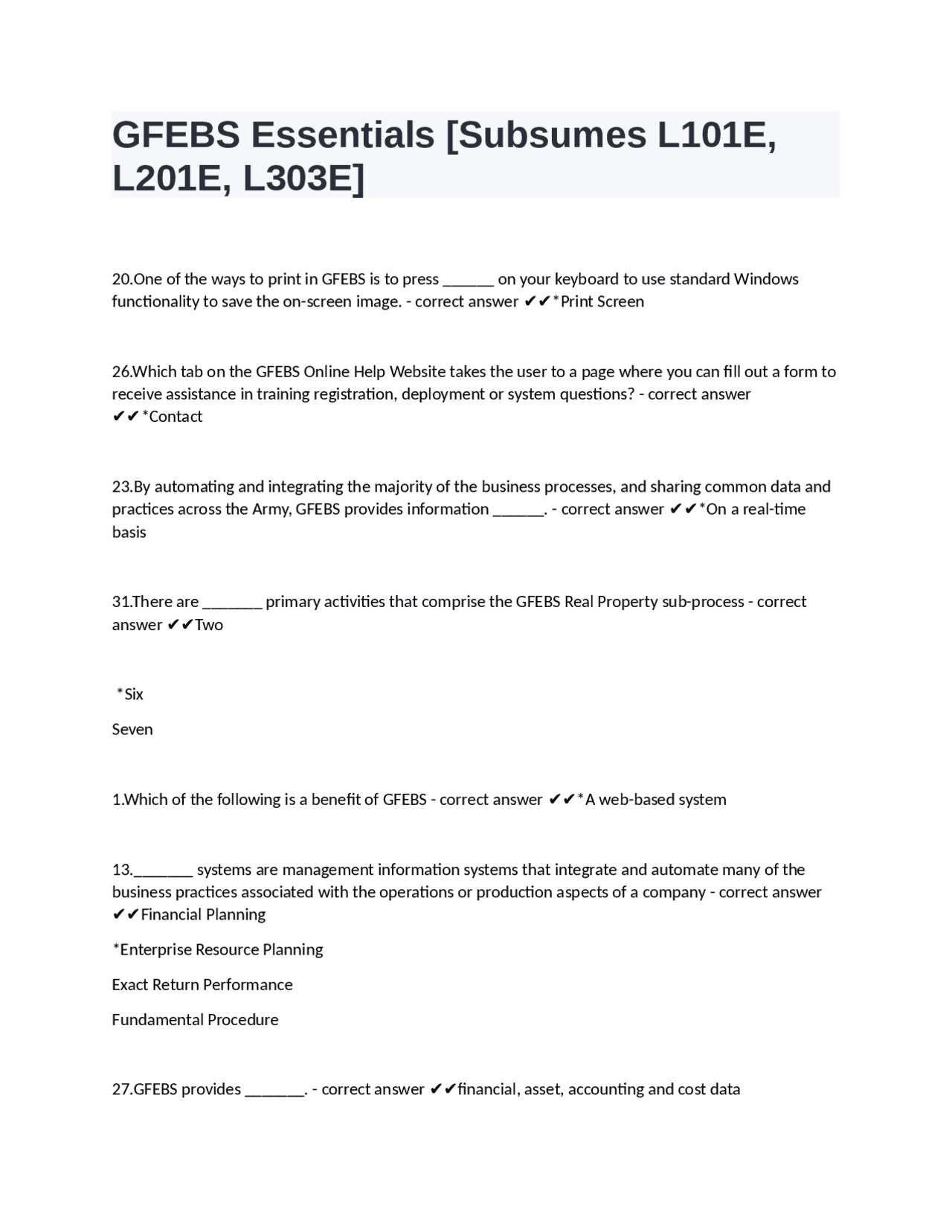 GFEBS Essentials [Subsumes L101E, L201E, L303E] questions with answers | Exams Nursing | Docsity