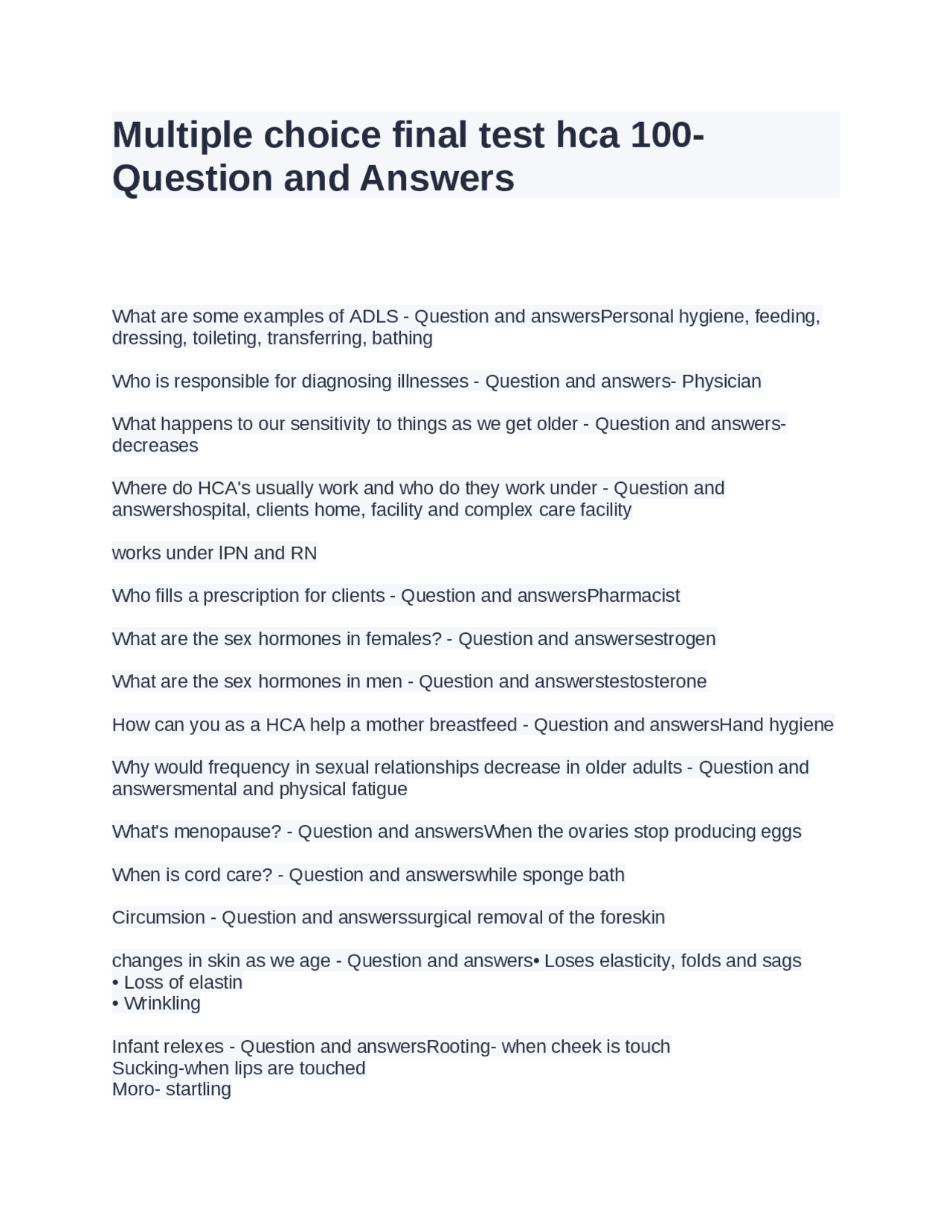 Multiple choice final test hca 100 | Exams Nursing | Docsity