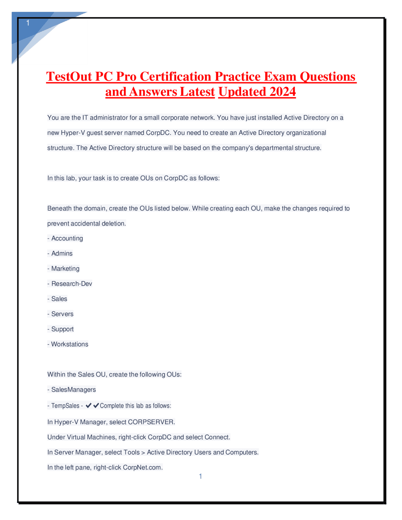 TestOut PC Pro Certification Practice Exam Questions and Answers Latest ...