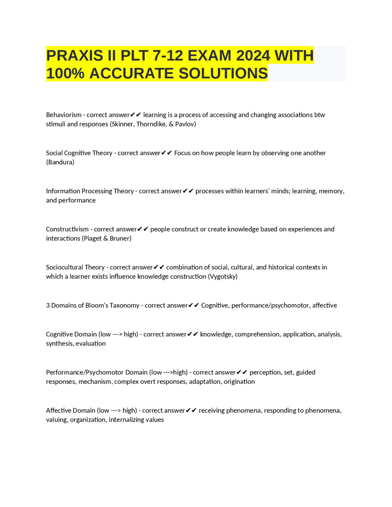 PRAXIS II PLT 7-12 EXAM 2024 WITH 100% ACCURATE SOLUTIONS | Exams ...