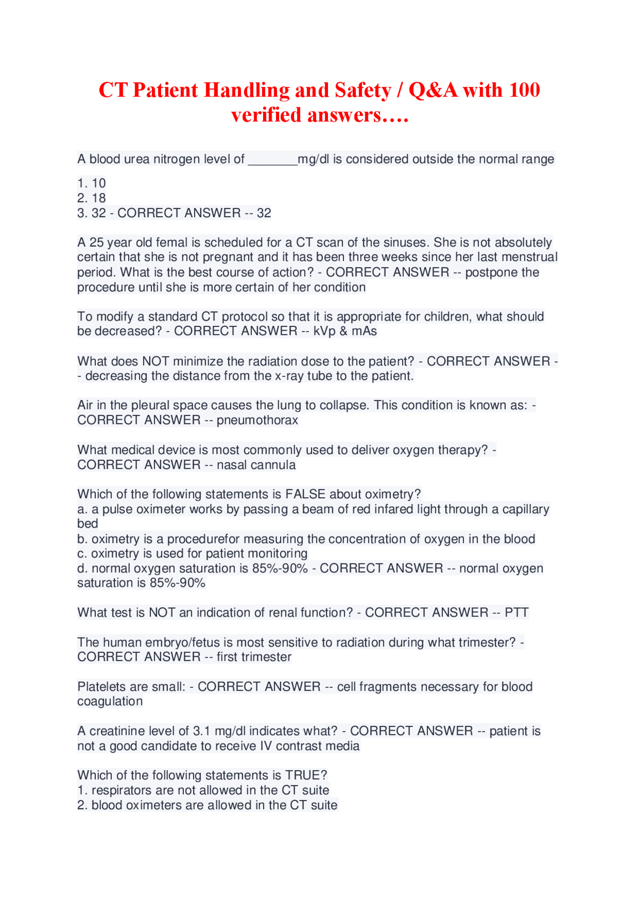 CT Patient Handling and Safety / Q&A with 100 verified answers ...