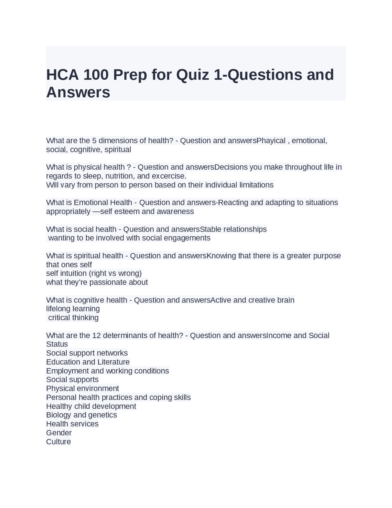 HCA 100 Prep for Quiz 1 | Exams Nursing | Docsity