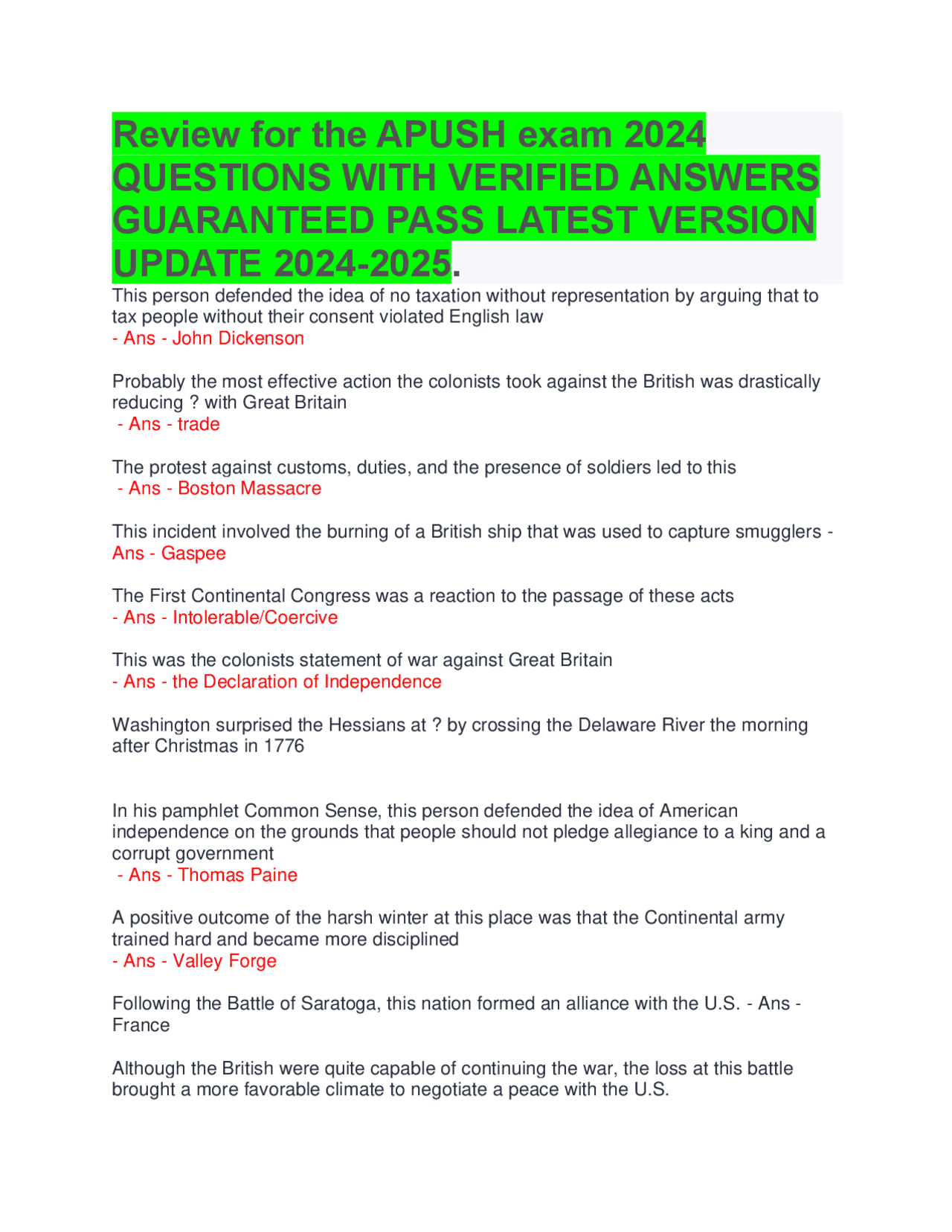 APUSH exam 2024 QUESTIONS WITH VERIFIED ANSWERS GUARANTEED PASS LATEST ...