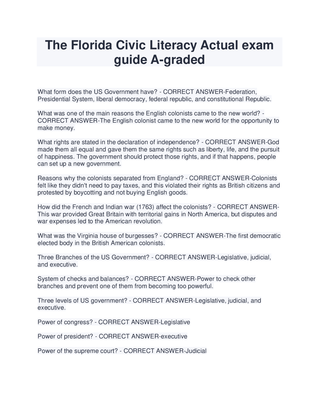 The Florida Civic Literacy Actual exam guide A-graded | Exams Law | Docsity