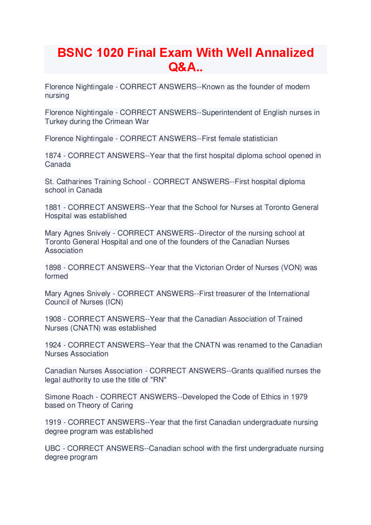 BSNC 1020 Final Exam With Well Annalized Q&A.. | Exams Nursing | Docsity