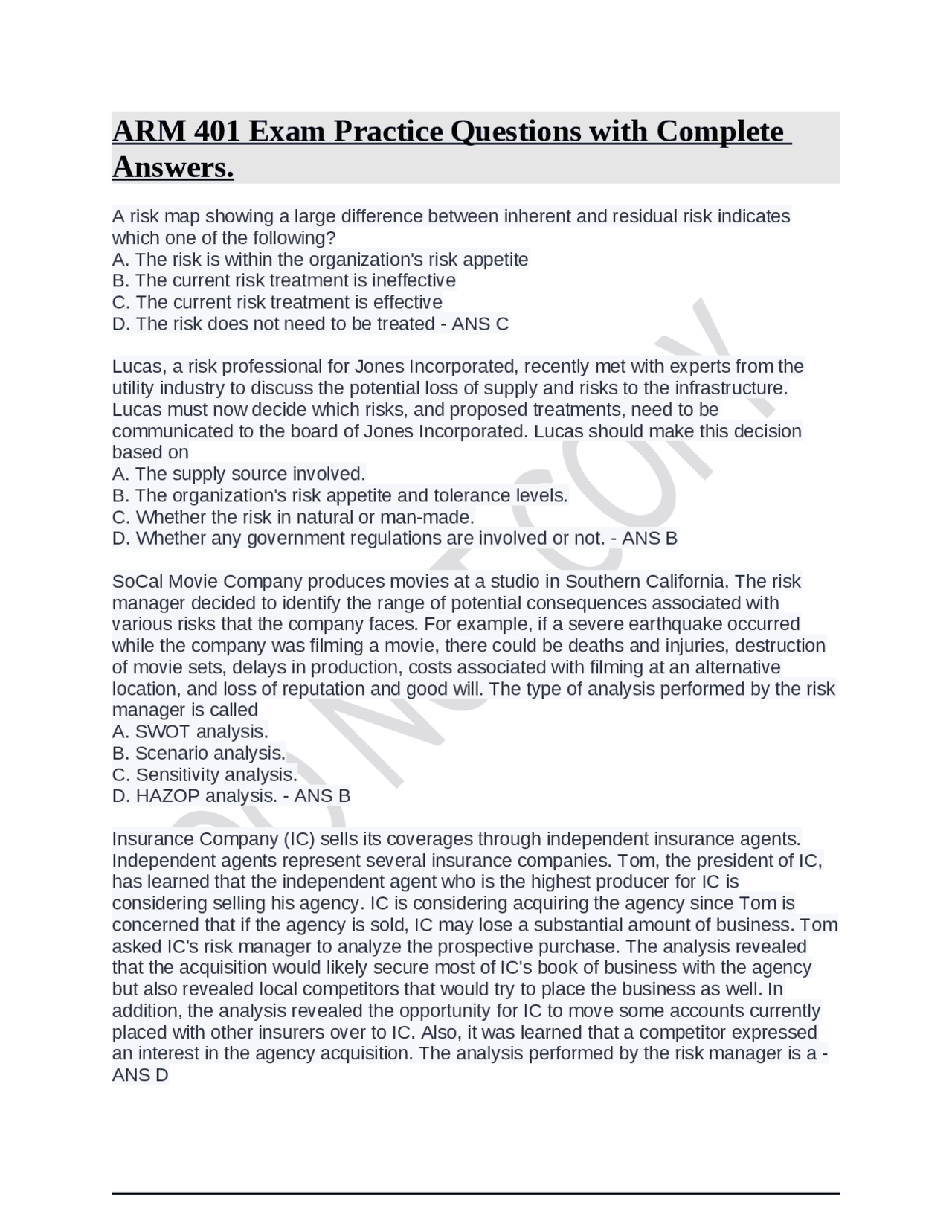 ARM 401 Exam Practice Questions with Complete Answers. | Exams Banking Law and Practice | Docsity