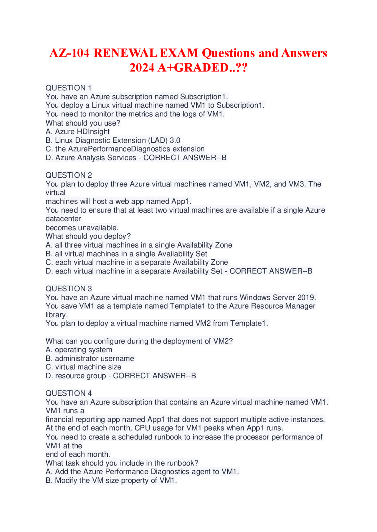 AZ-104 RENEWAL EXAM Questions and Answers 2024 A+GRADED..?? | Exams ...