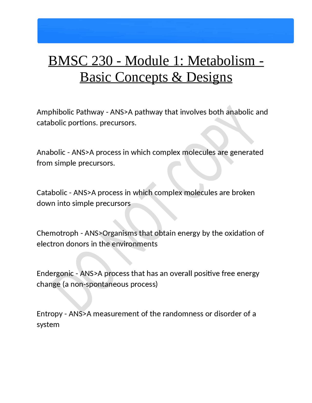 BMSC 230 - Module 1: Metabolism - Basic Concepts & DesignsQuestions and ...