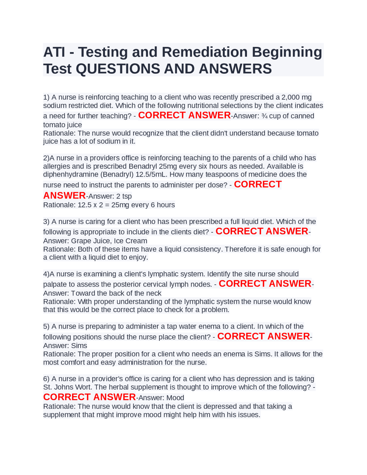 ATI - Testing and Remediation Beginning Test QUESTIONS AND ANSWERS ...