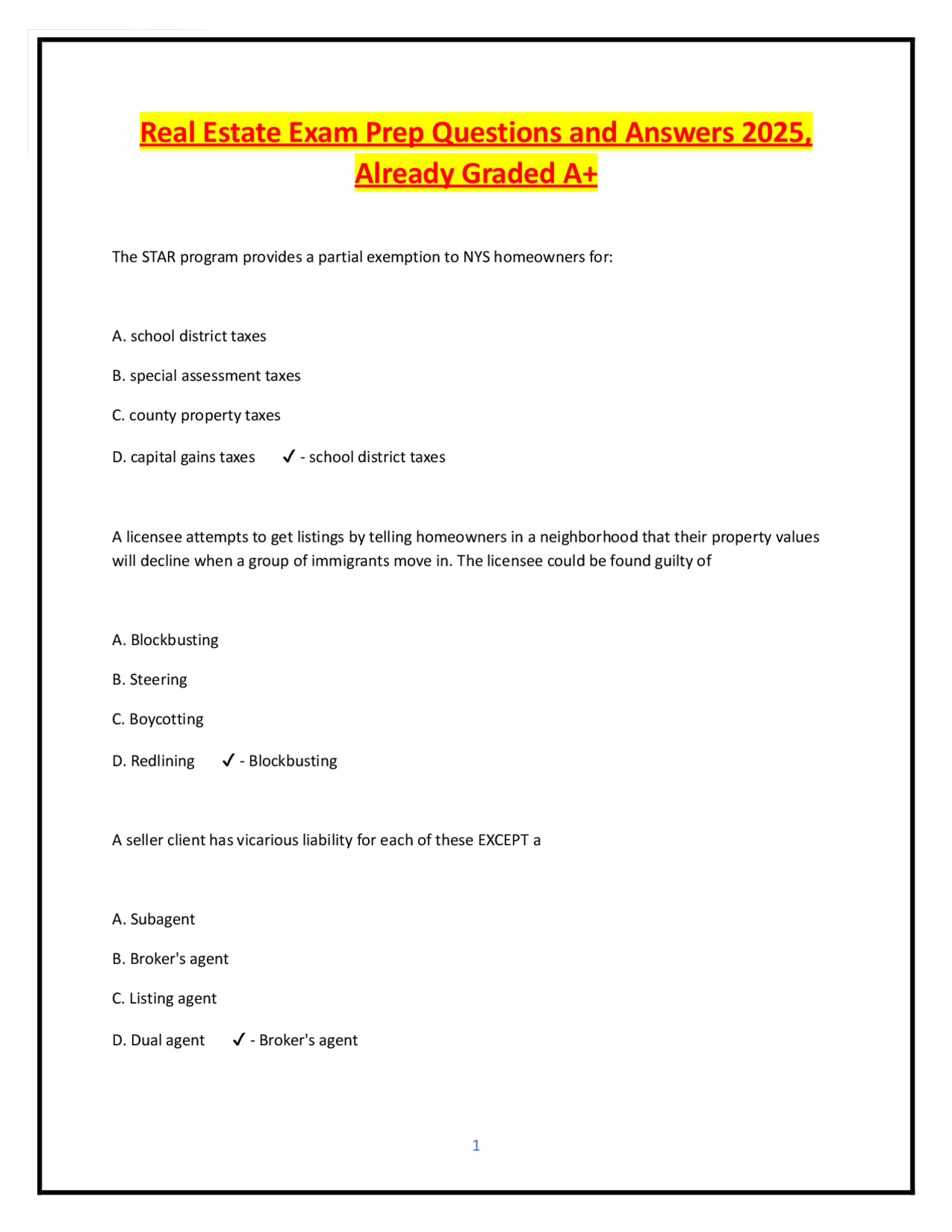 Real Estate Exam Prep Questions and Answers 2025, Already Graded A+ ...
