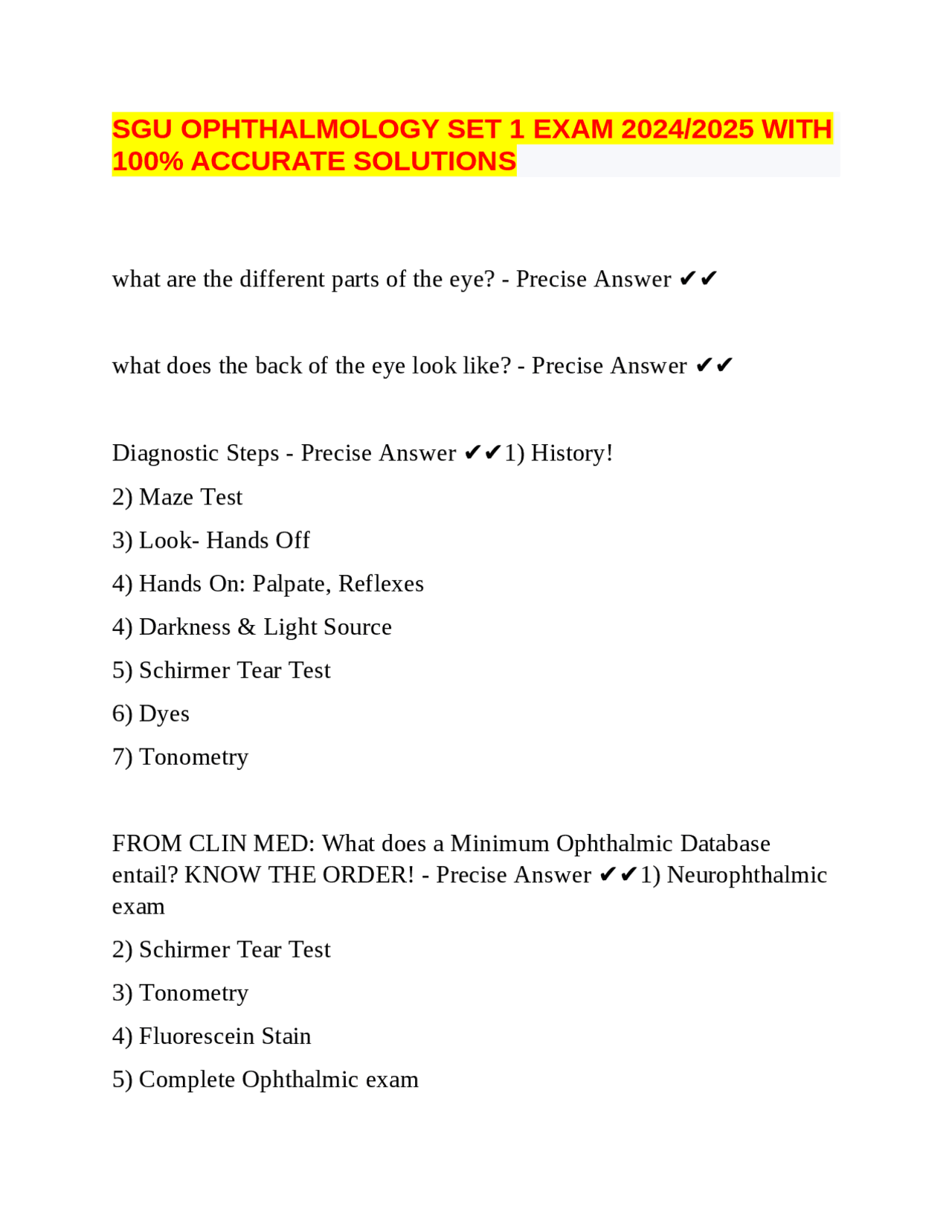 SGU OPHTHALMOLOGY SET 1 EXAM 2024/2025 WITH 100% ACCURATE SOLUTIONS | Exams Nursing | Docsity