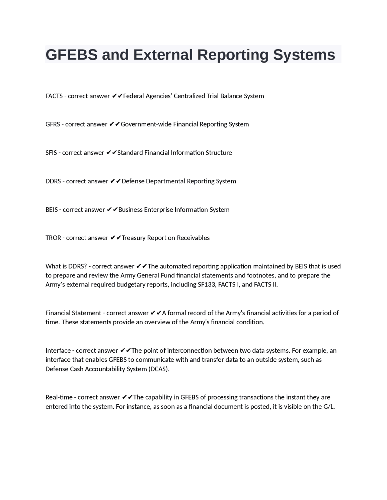 GFEBS and External Reporting Systems questions with correct answers ...