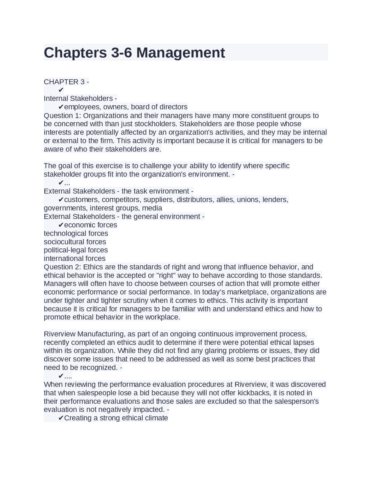 Chapters 3-6 Management | Exams Business Administration | Docsity