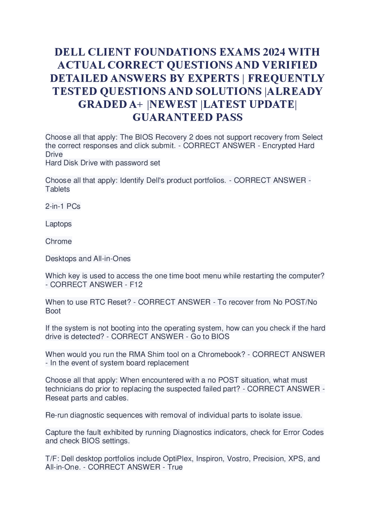 DELL CLIENT FOUNDATIONS EXAMS 2024 WITH ACTUAL CORRECT QUESTIONS AND ...