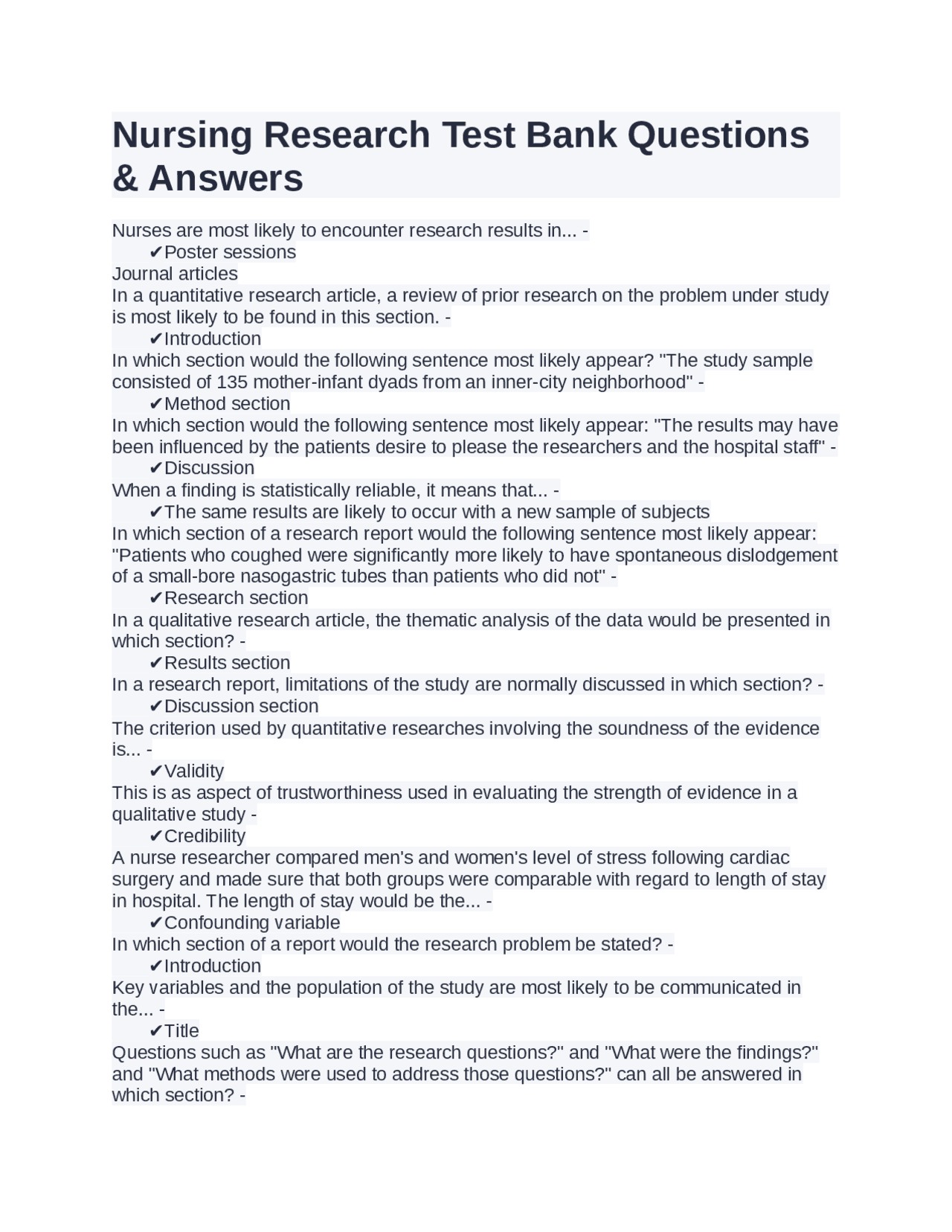 Nursing Research Test Bank Questions & Answers | Exams Nursing | Docsity