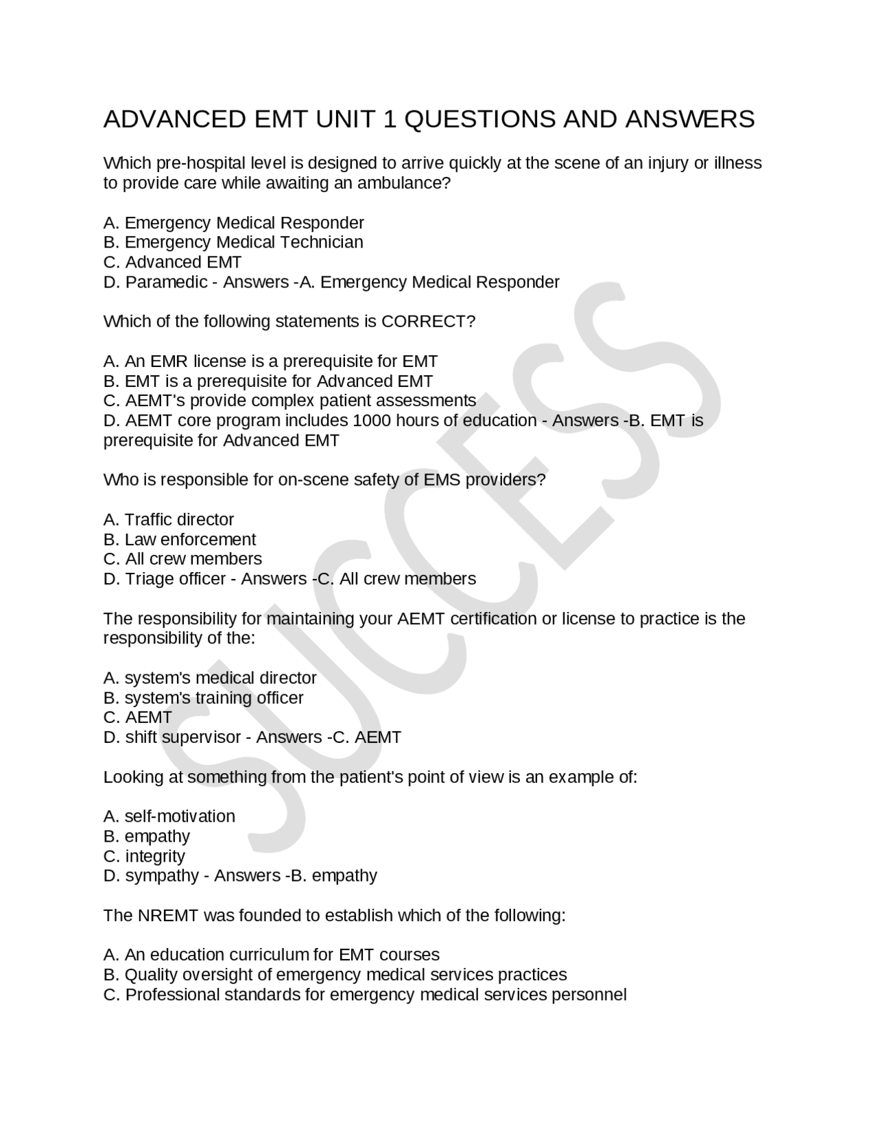 ADVANCED EMT UNIT 1 QUESTIONS AND ANSWERS | Exams Nursing | Docsity