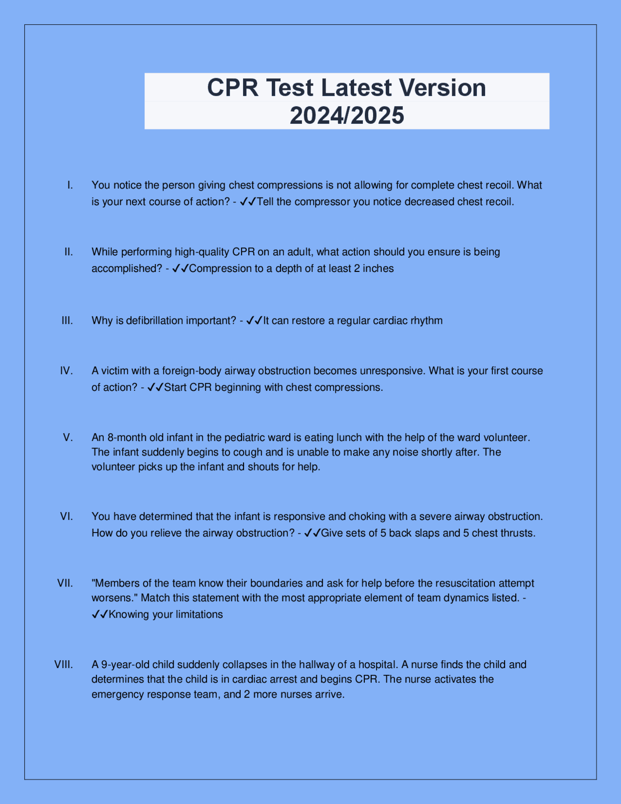 CPR Test Latest Version 2024/2025 with A+ graded Answers | Exams ...