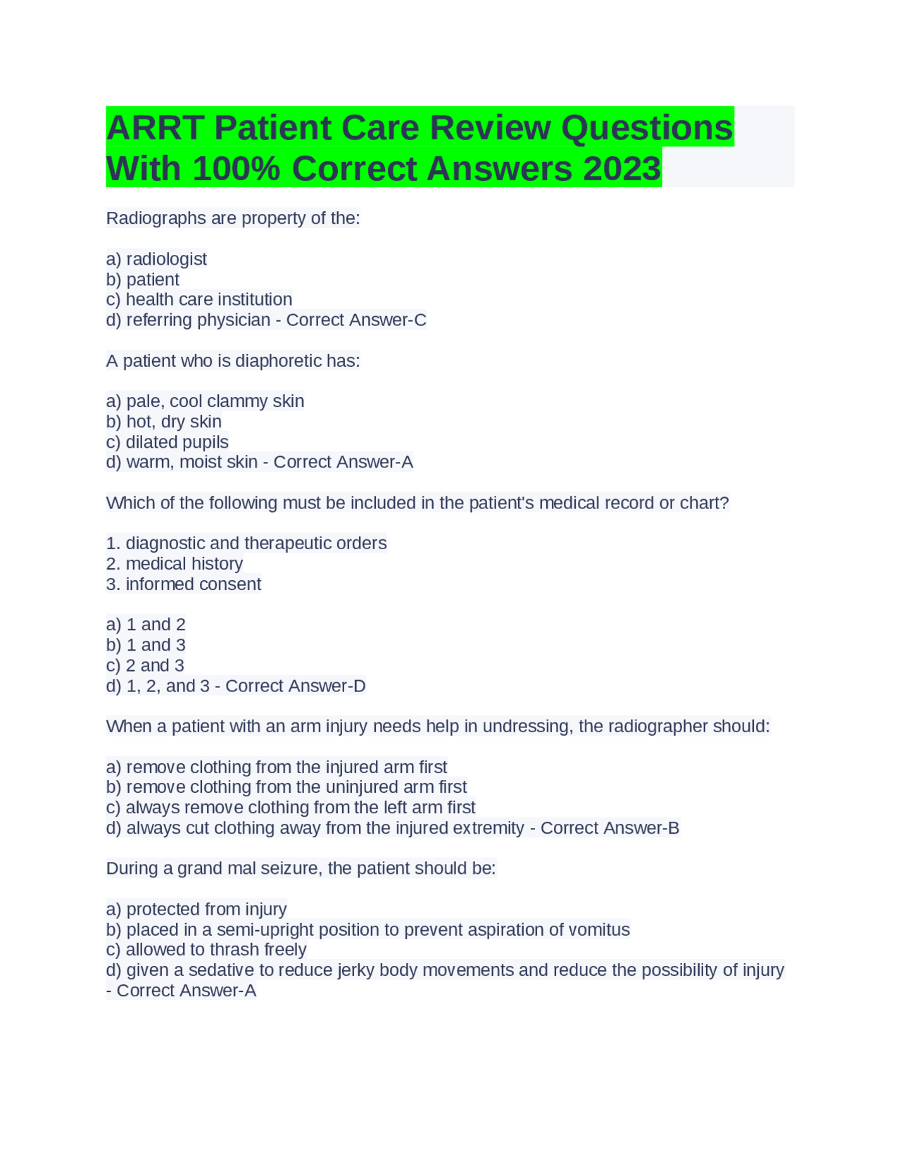 ARRT Patient Care Review Questions With 100% Correct Answers 2023 ...