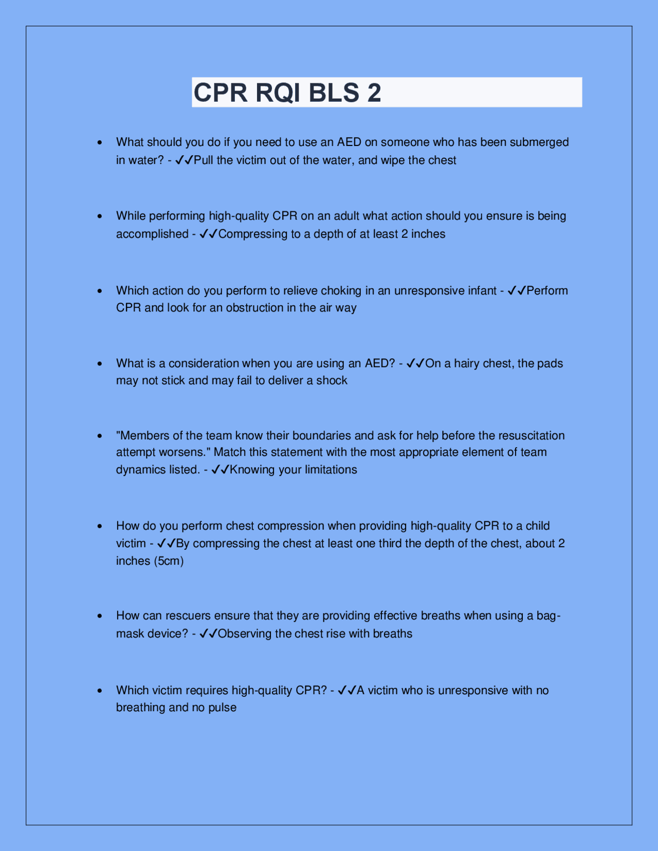 CPR RQI BLS 2 QUESTIONS AND COMPLETE ANSWERS | Exams Nursing | Docsity