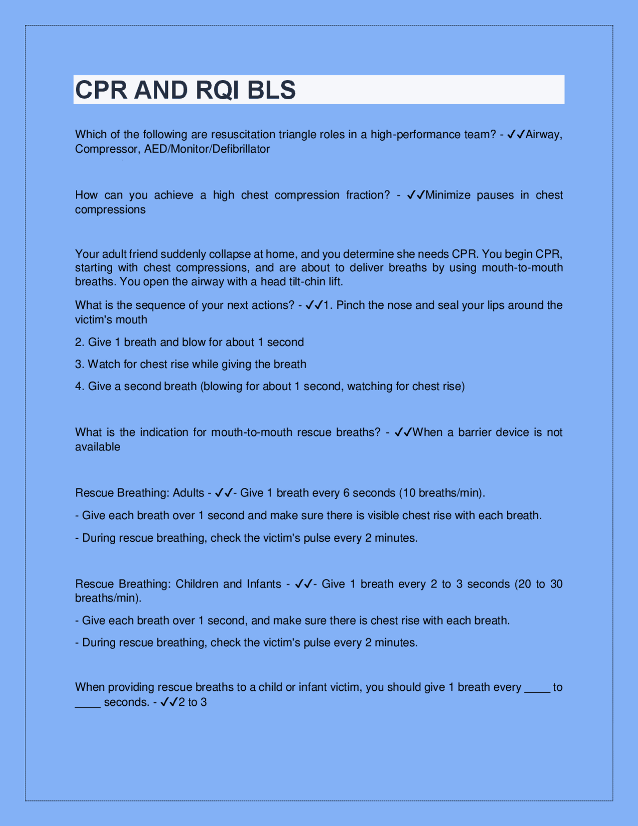 CPR AND RQI BLS QUESTION AND ANSWERS A+ GRADED | Exams Nursing | Docsity