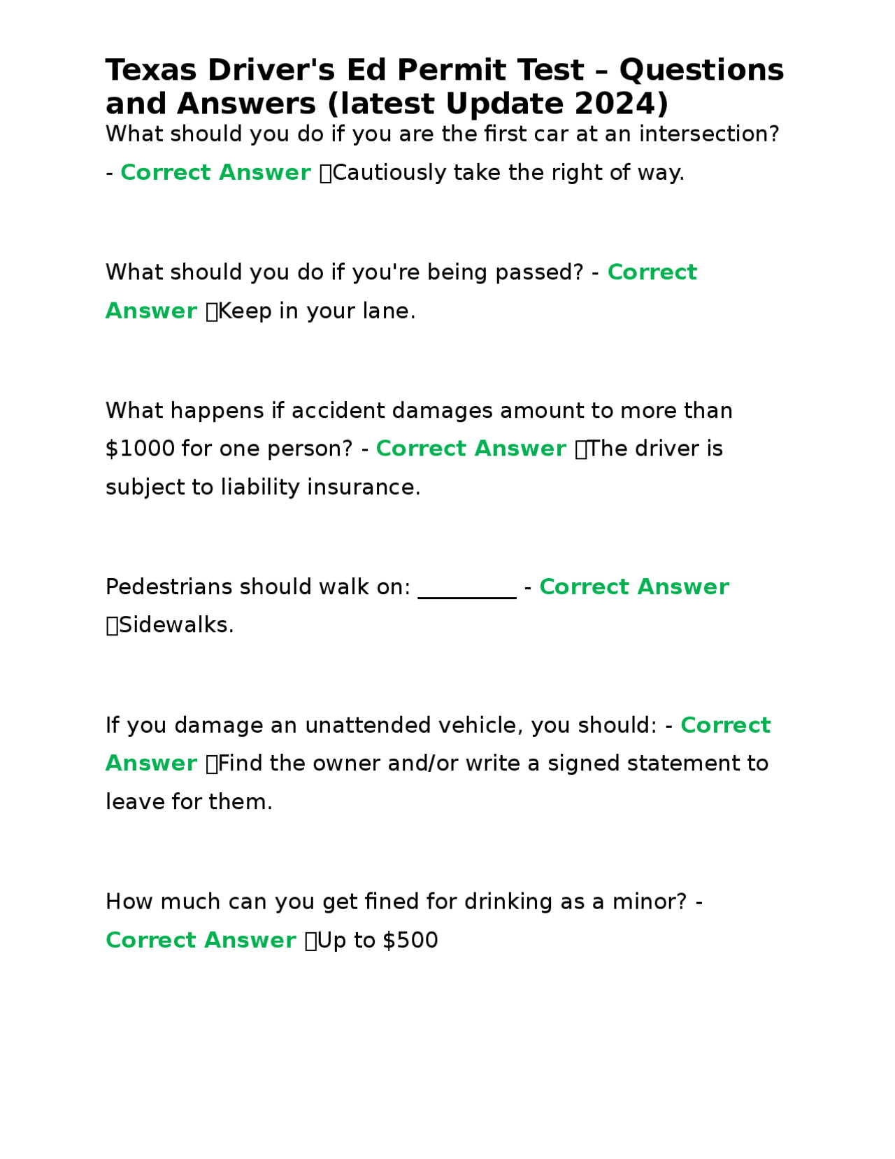 Texas Driver's Ed Permit Test – Questions and Answers (latest Update ...