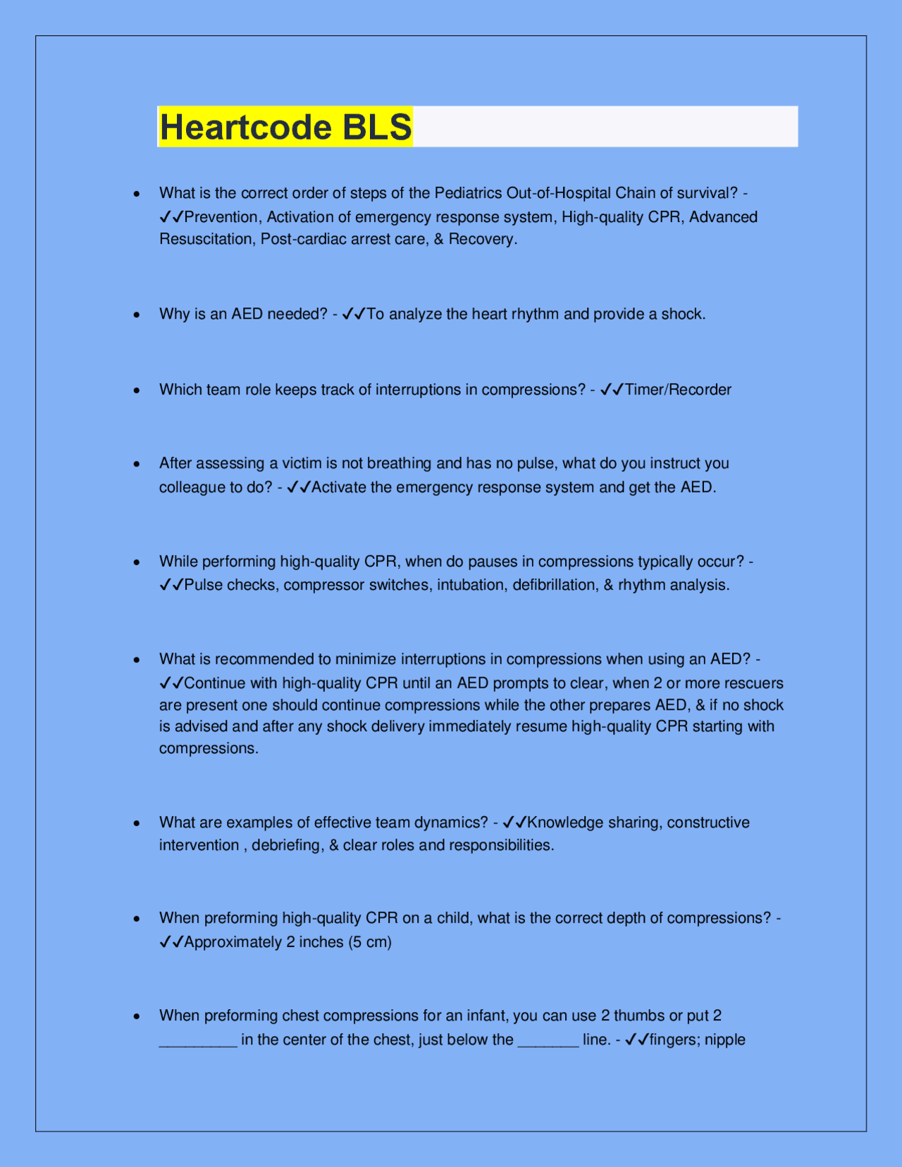 Heartcode BLS Exam with well elaborated questions and answers | Exams ...