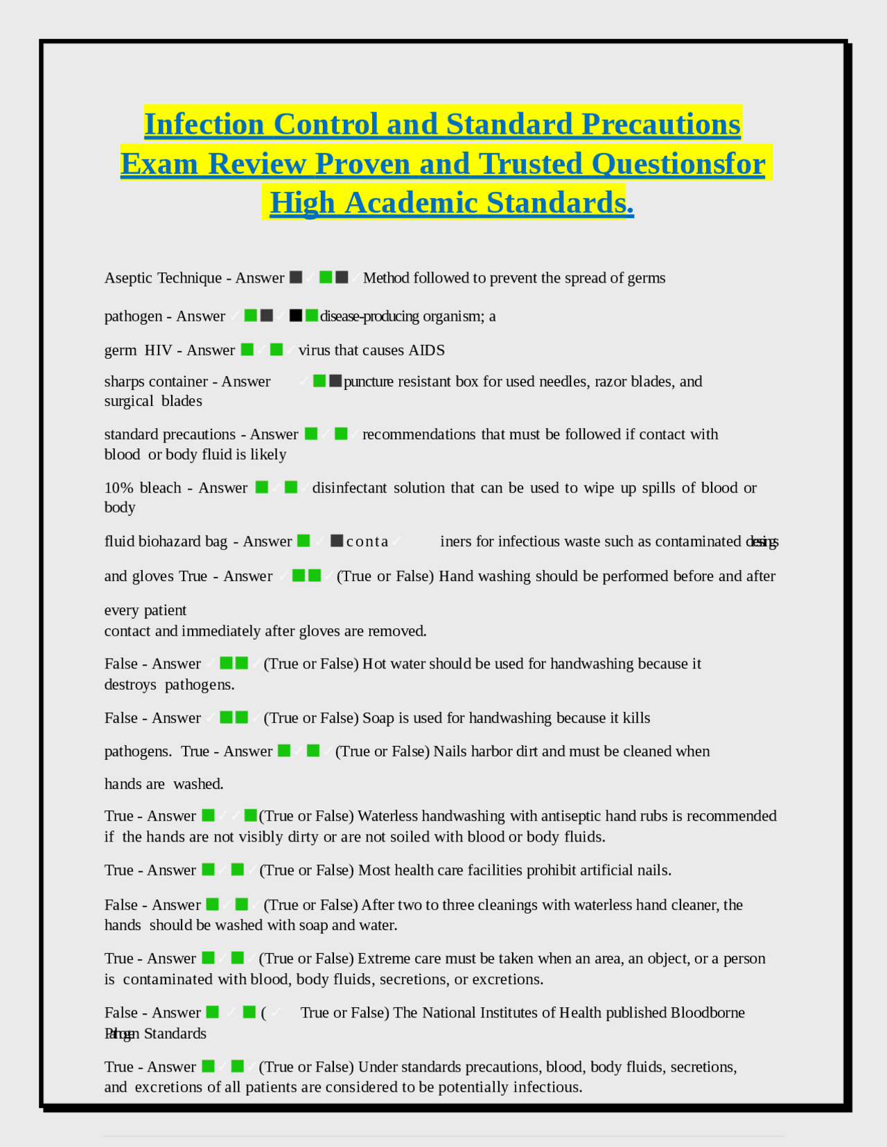 Infection Control and Standard Precautions Exam | Exams Nursing | Docsity