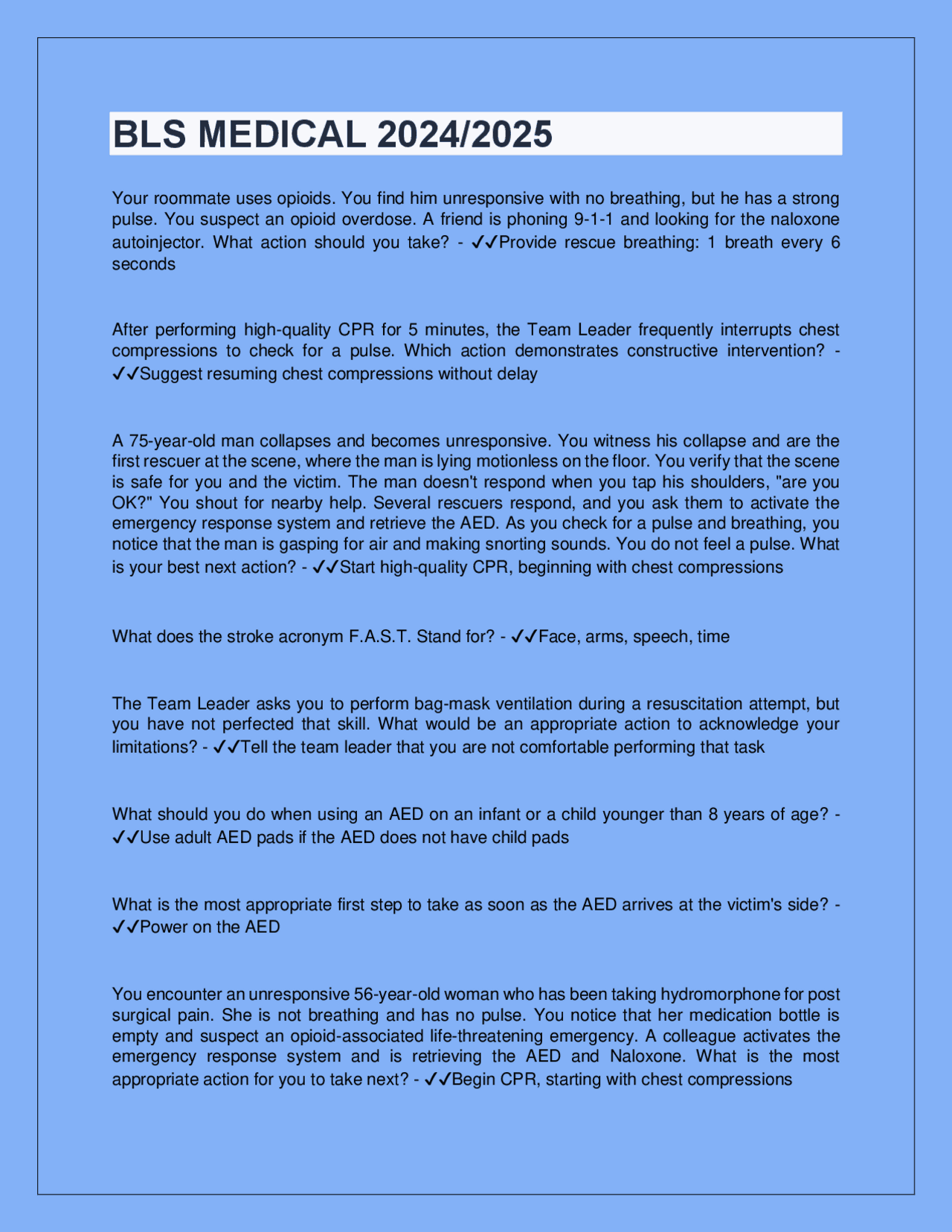 BLS MEDICAL 2024/2025 Question and Answers guaranteed pass | Exams ...