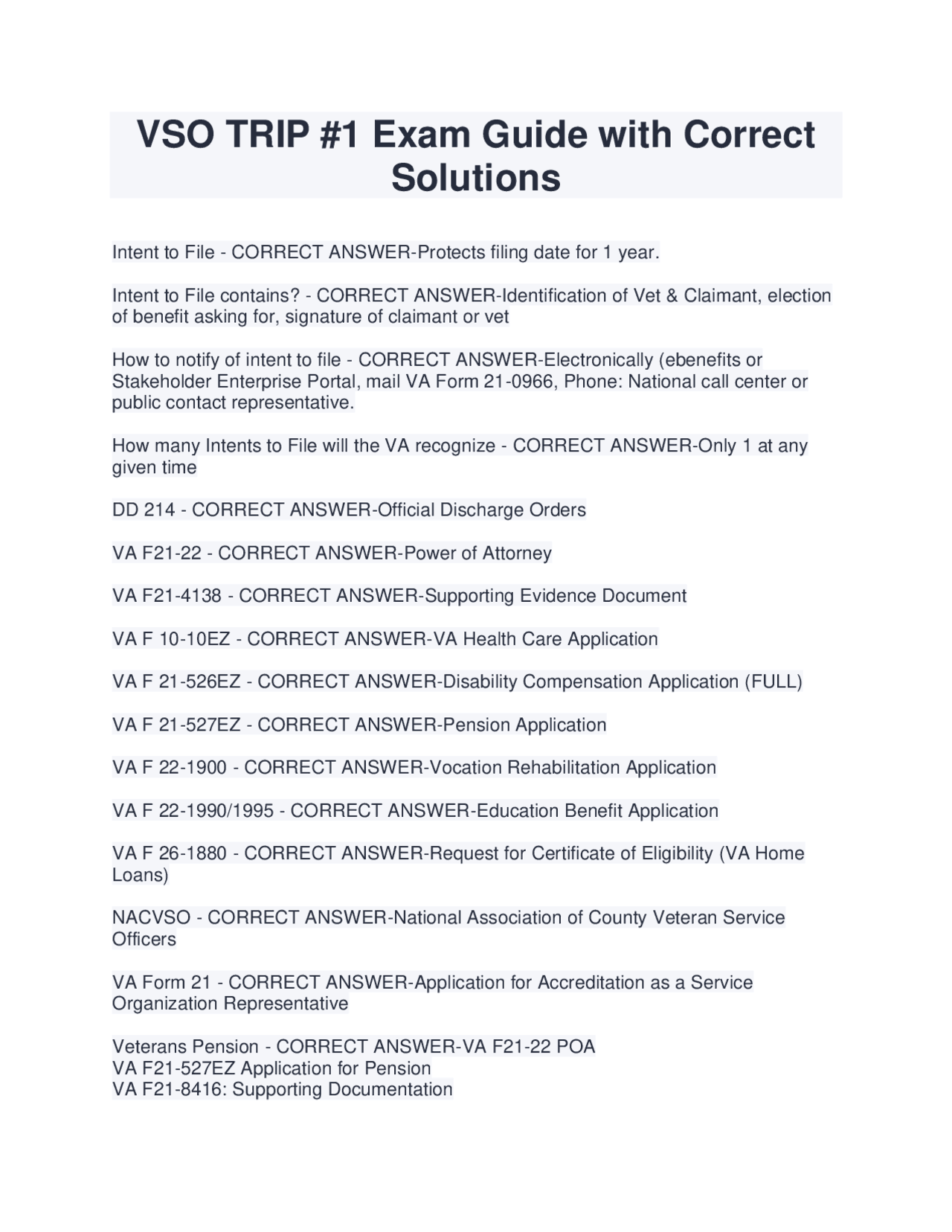 VSO TRIP #1 Exam Guide with Correct Solutions | Exams Advanced ...