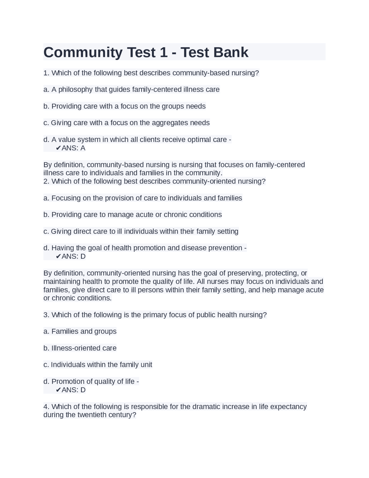 Community Test 1 - Test Bank | Exams Nursing | Docsity