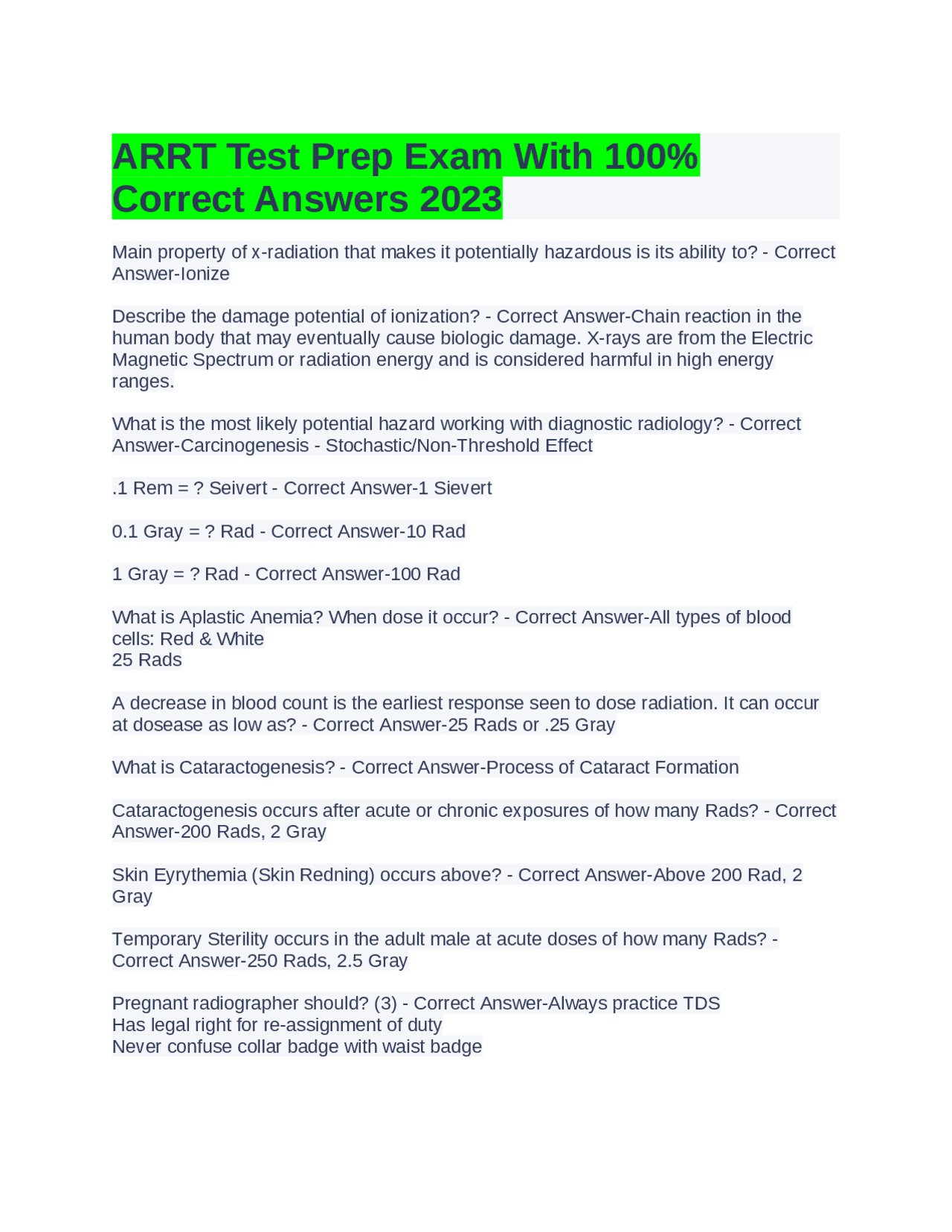 ARRT Test Prep Exam With 100% Correct Answers 2023 | Exercises Advanced ...