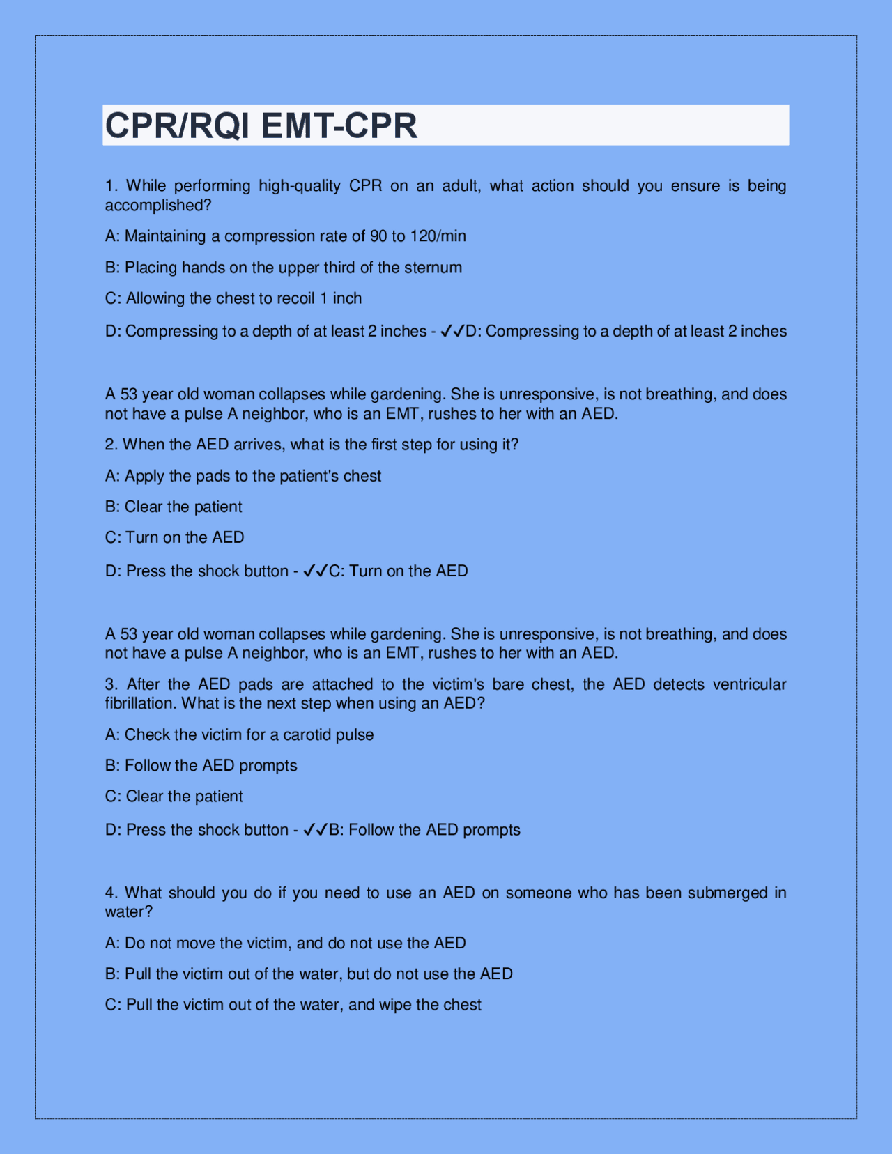 CPR/RQI EMT-CPR QUESTION AND ANSWERS LATEST UPDATE | Exams Nursing ...